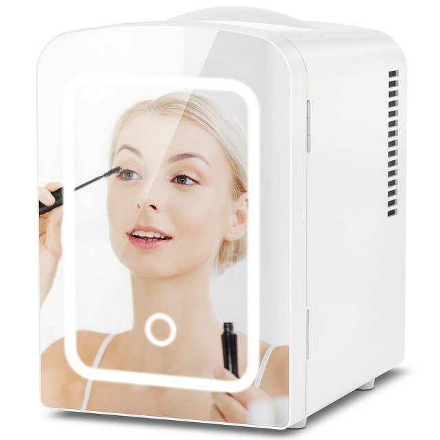 Auseo Mini Refrigerator And Personal Beauty Fridge Mirrored Door With Light 4 Liter White