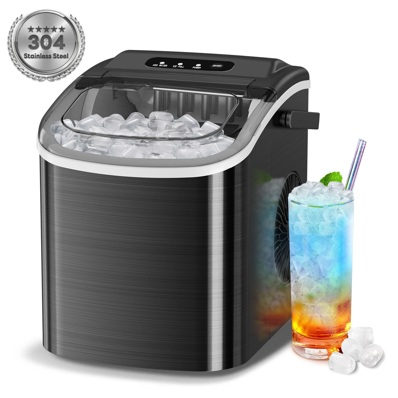 Auseo Portable Countertop Ice Maker, 9Pcs/8Mins, 26lbs/24H, Self ...