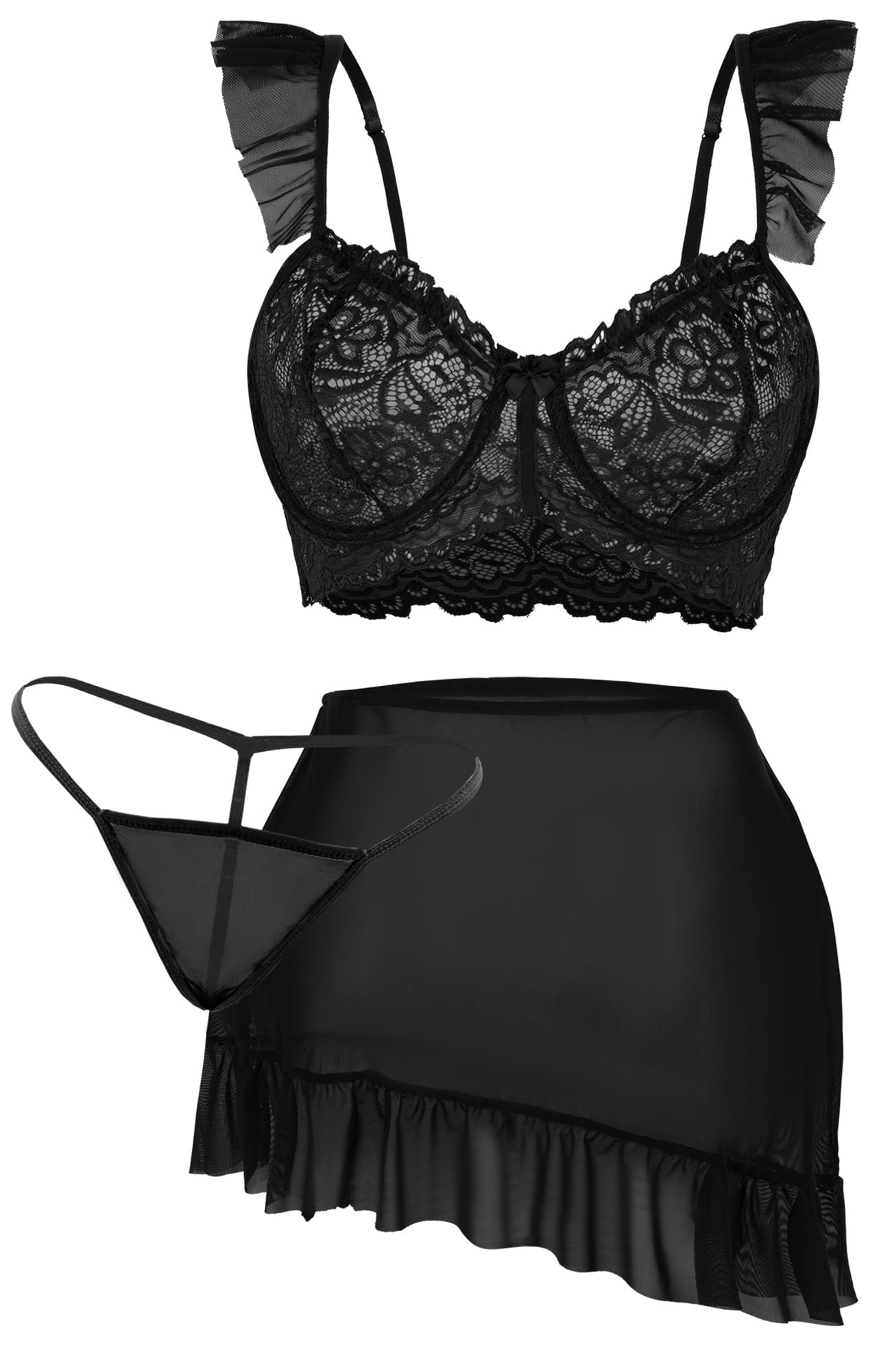 Ausing Lingerie Sets for Women 3 Piece Lace Bra and Panty Mini Skirts ...