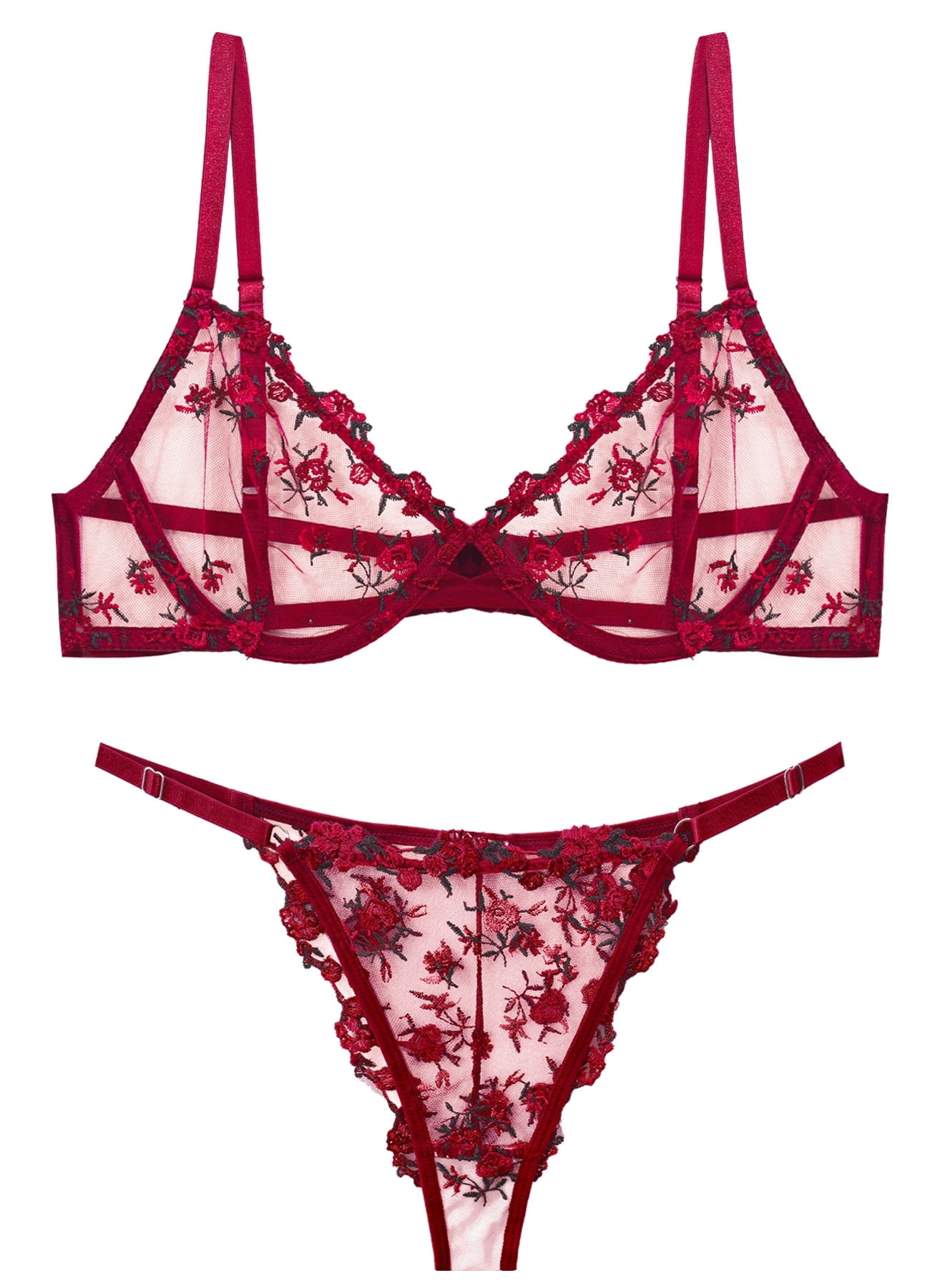 Ausing Womens Lace Bralettes Mesh V Neck Bra and Panty Sets Push Up ...