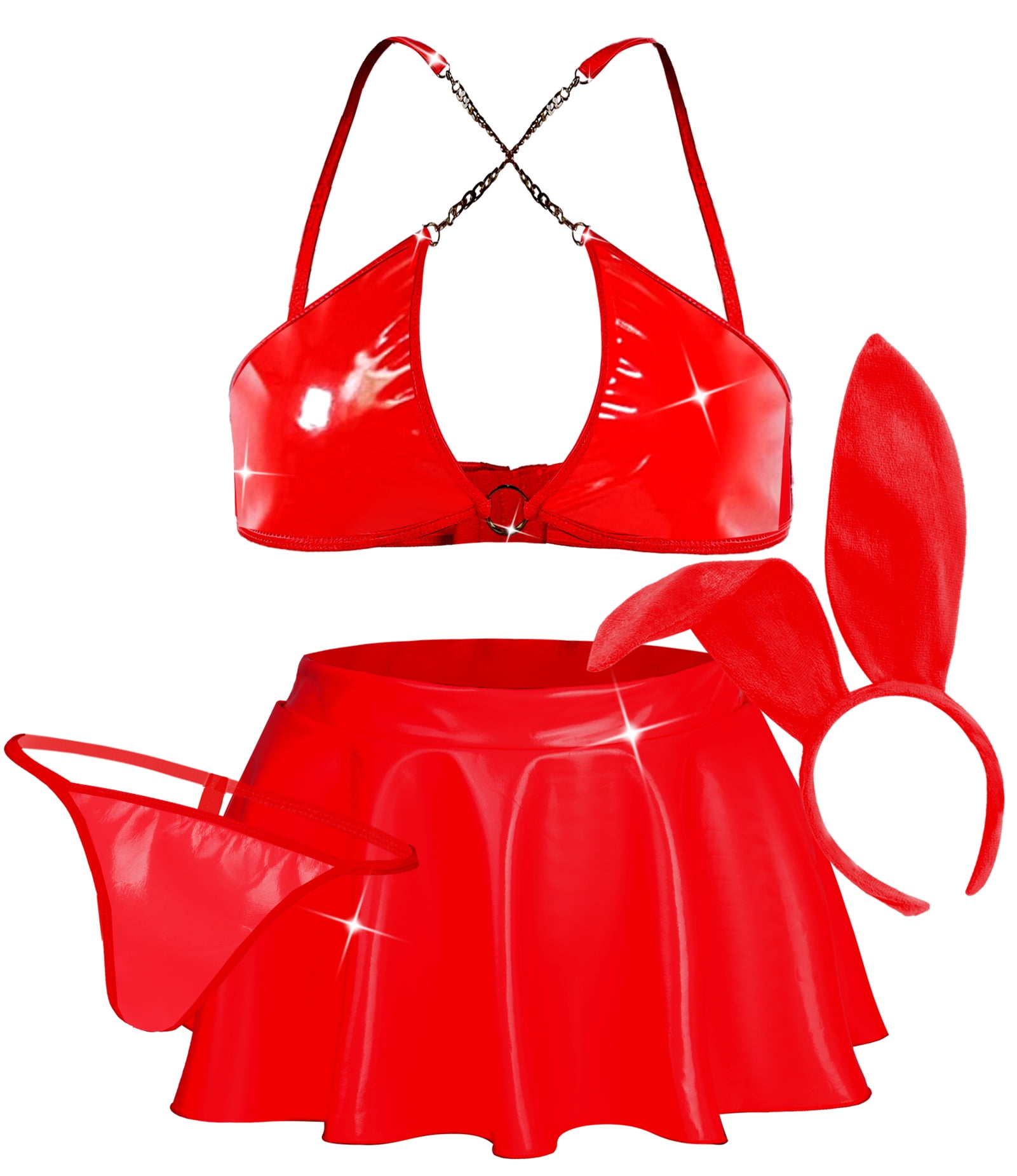 Ausing Womens PU Leather Skirt Chain Bra Top Bunny Costume Babydoll ...