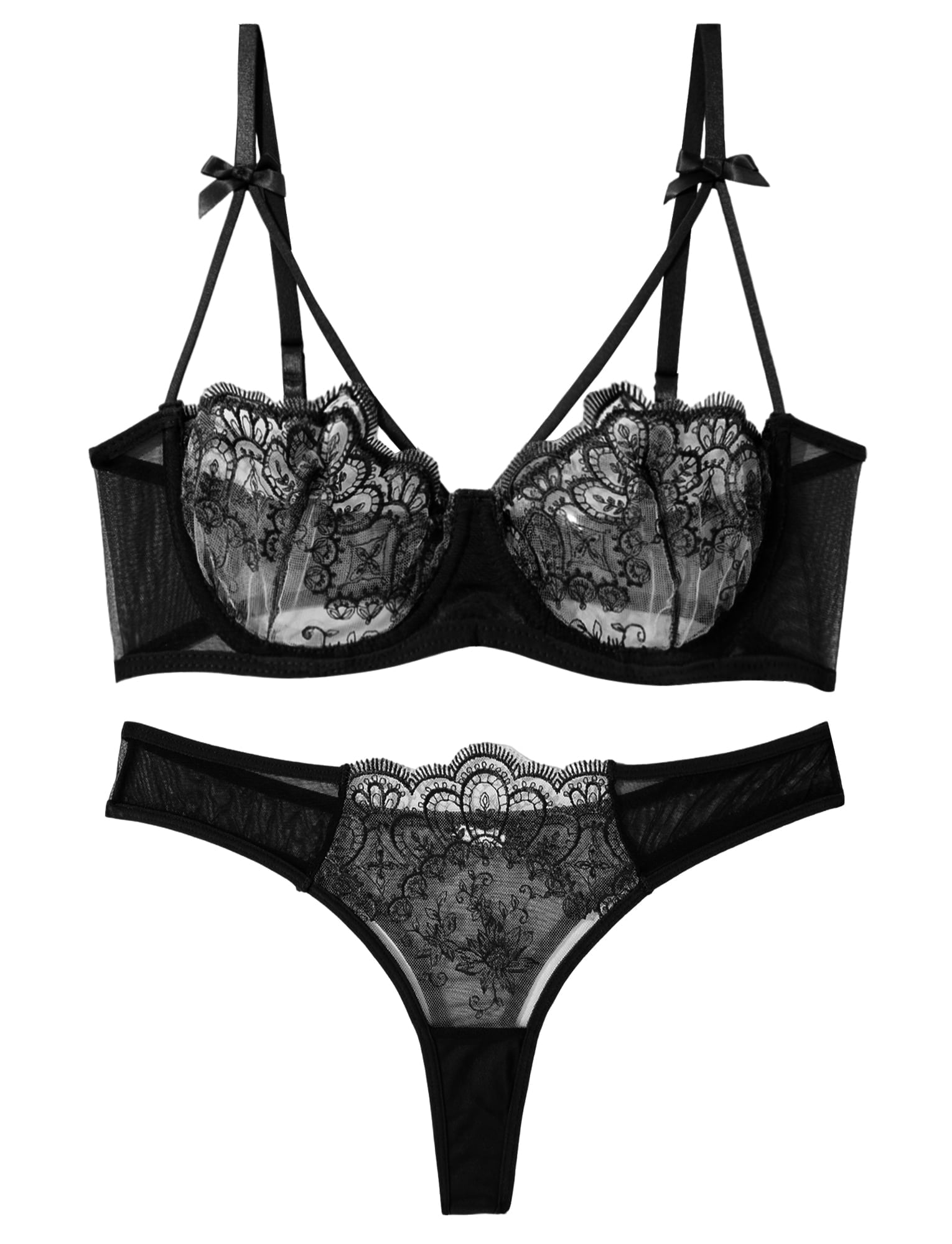 Ausing Floral Lace Lingerie Set Women Sheer Mesh Push-Up Bra Adjustable ...