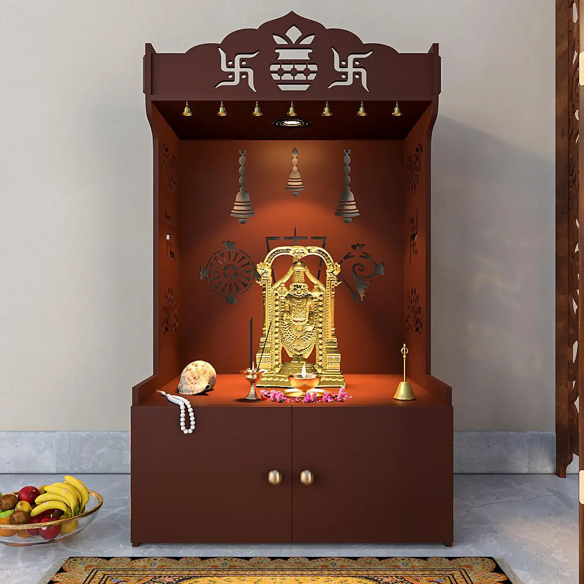 Homscape Auspicious Design Wooden Temple with Spacious Shelf Having ...