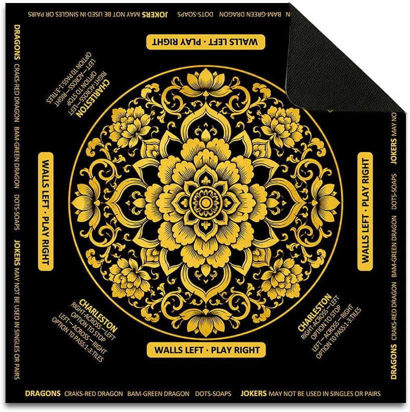 Auspicious Floral Mahjong Mat with Rules for Table (Black,31.5”x31.5 ...