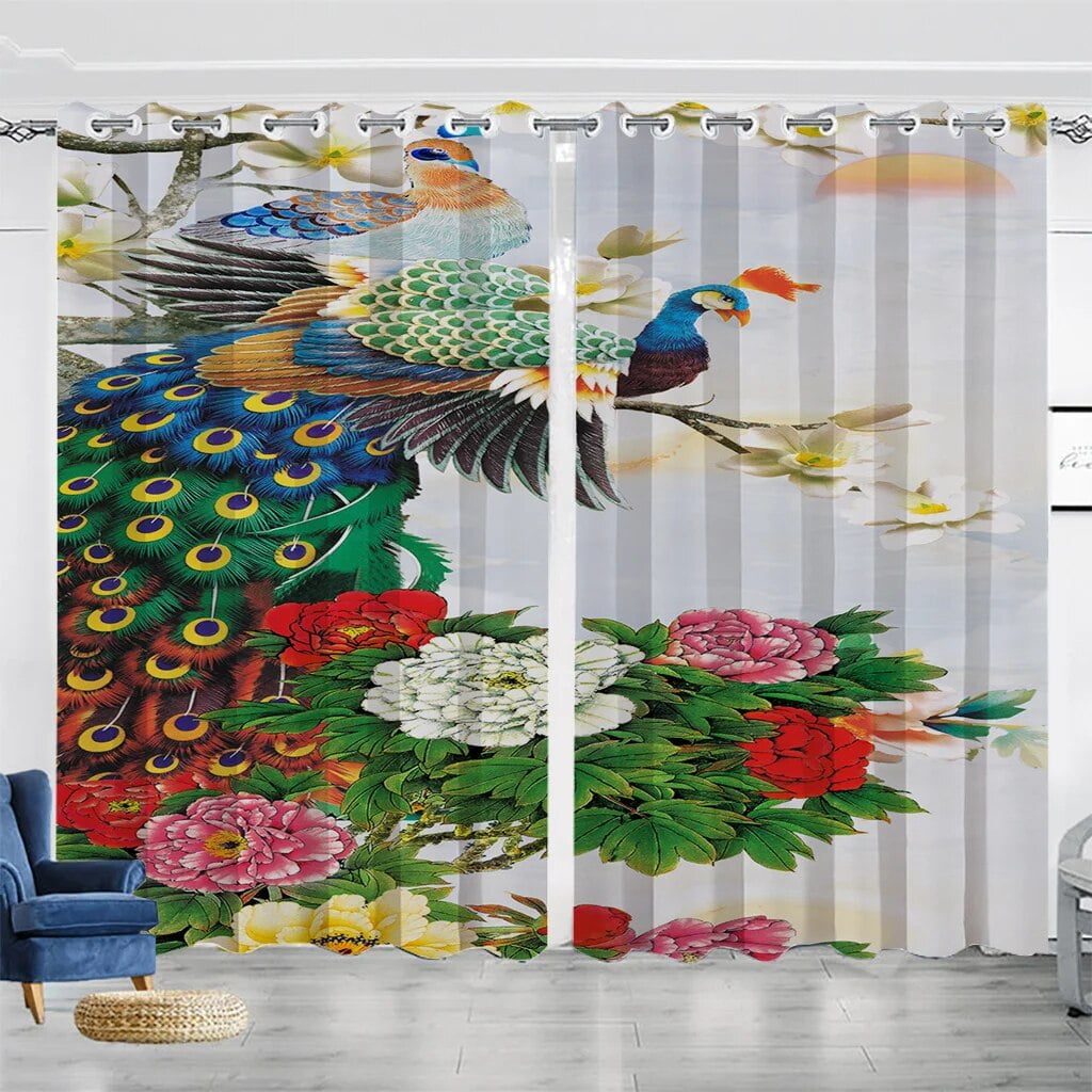 Auspicious peacock pattern digital printed curtain Master room ...