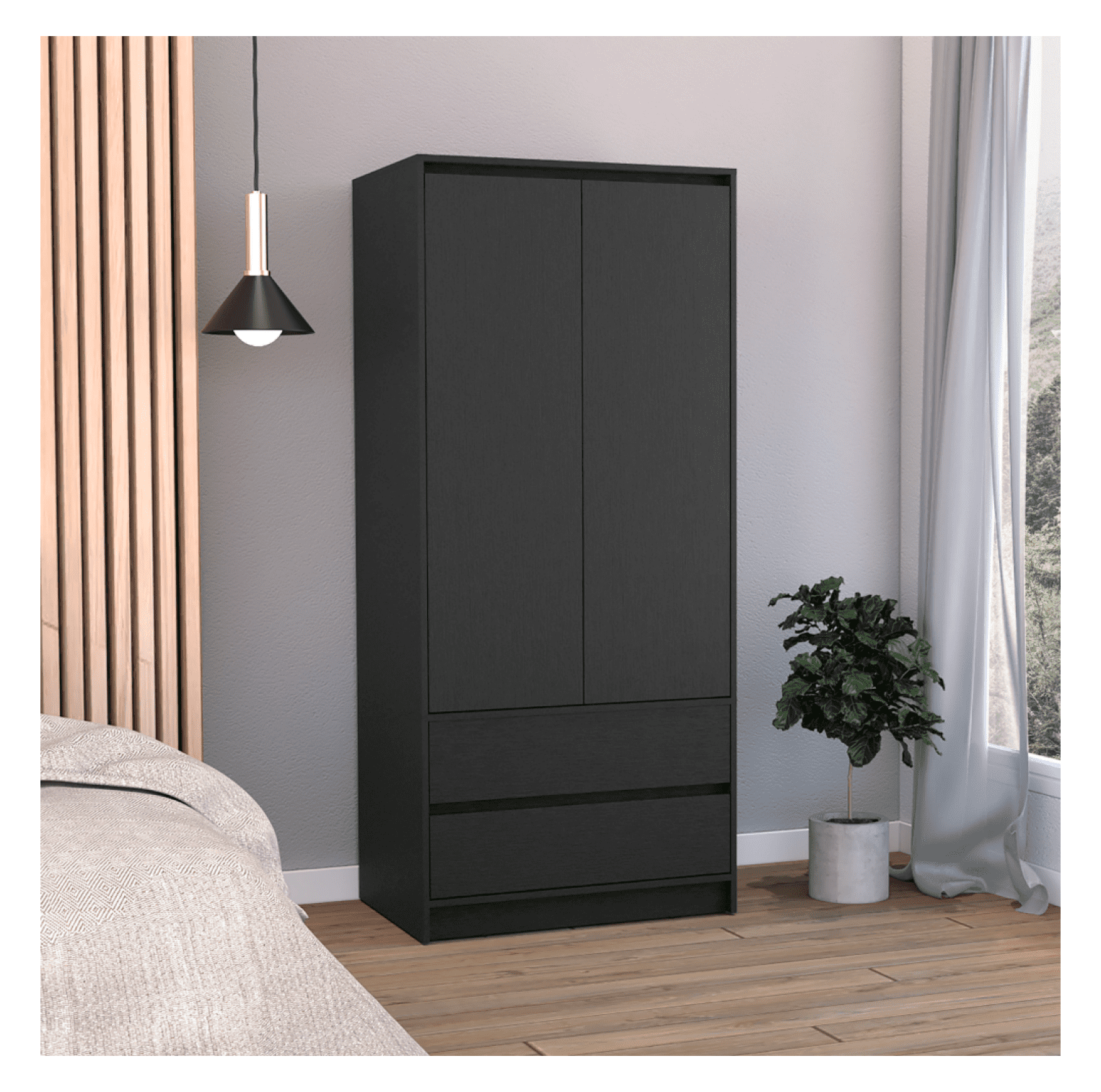 Austin 2 Drawers Armoire, Double Door, Hanging Rod -Black Black ...