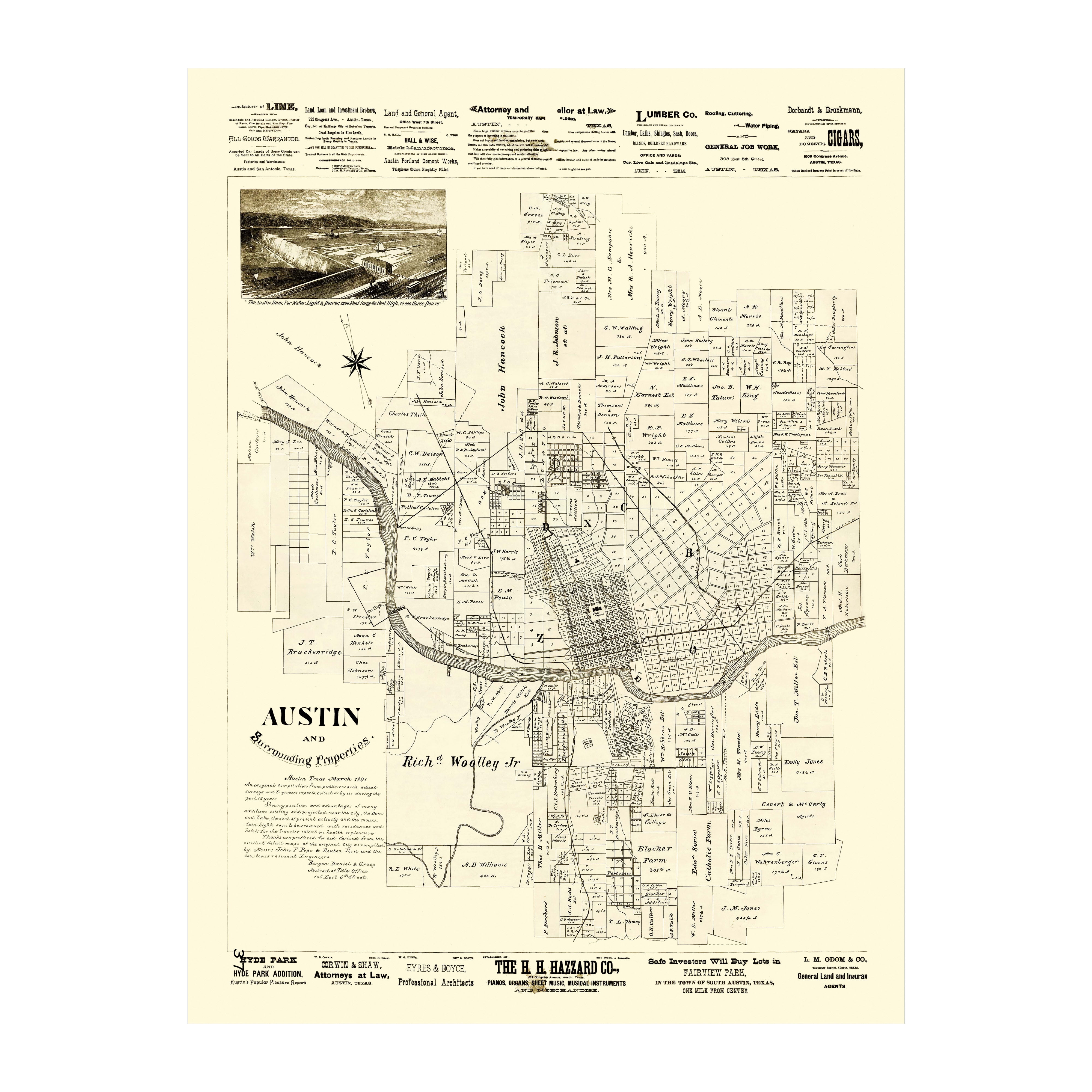 Austin Art, 1891 Vintage Map of Austin Texas, TX History Wall Decor ...