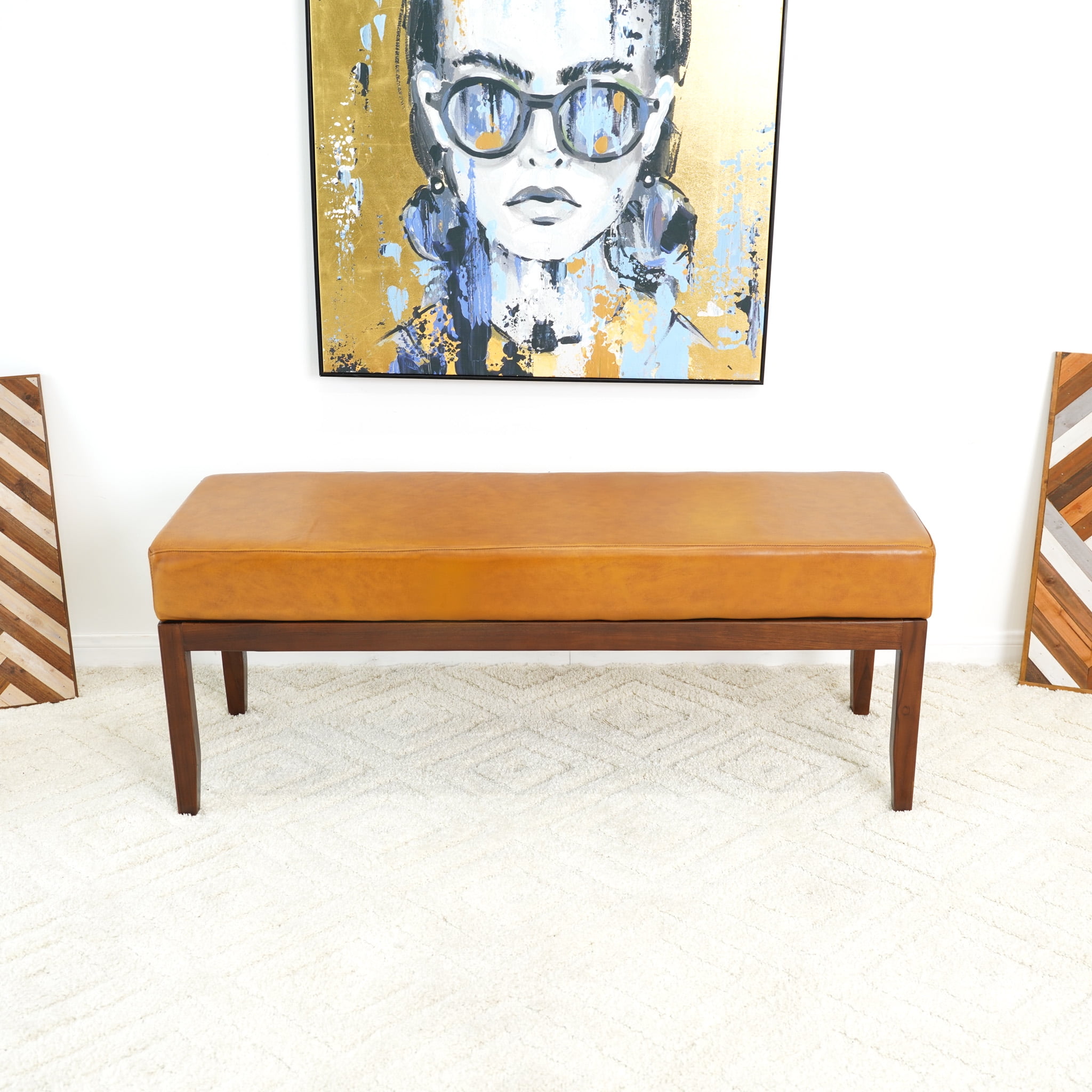 Austin Bench (Antique Tan Leather- W/O Lines),Brown,Rustic,Tan Genuine ...