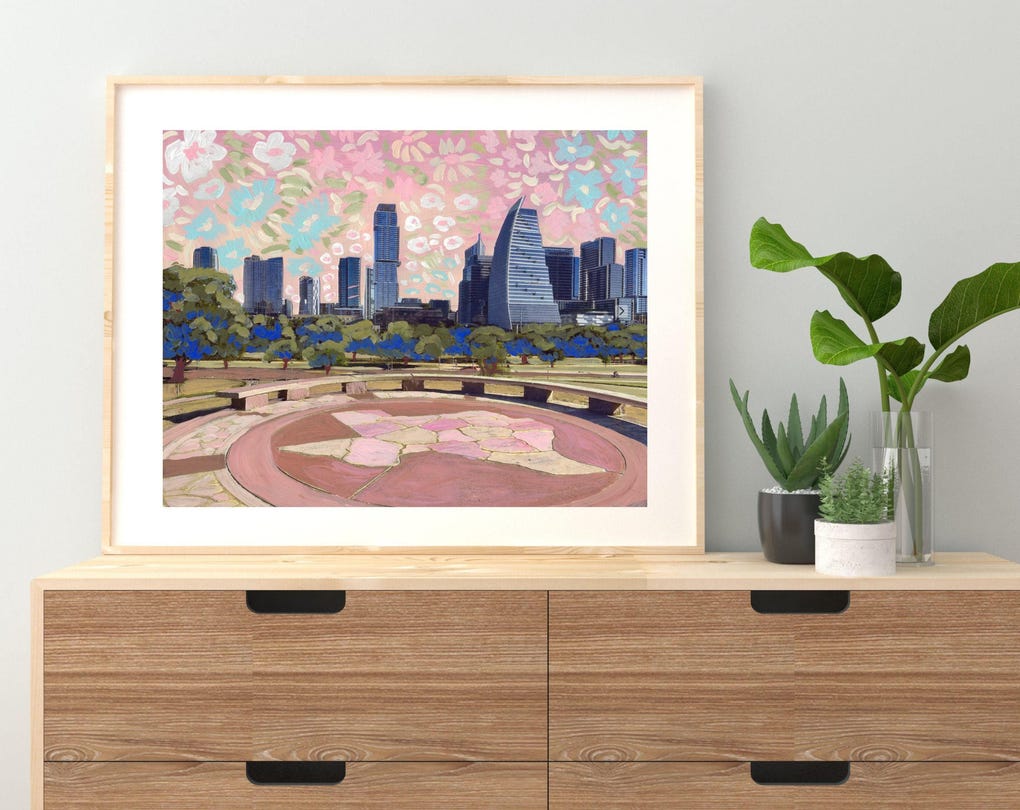 Austin Skyline Print Texas Travel Poster Flowers Sky Zilker Park ...