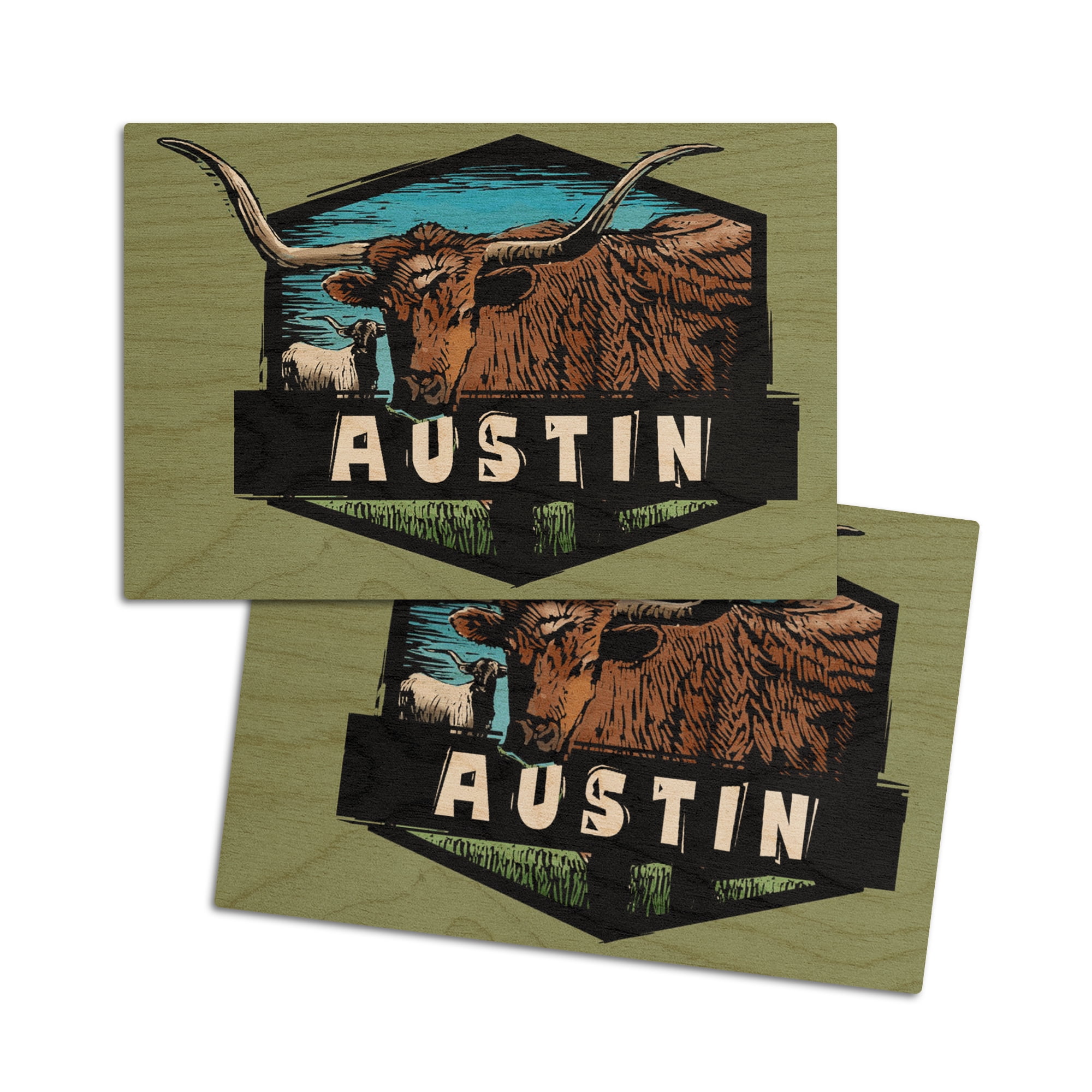Austin, Texas, Longhorn, Scratchboard, Contour (4x6 Birch Wood ...