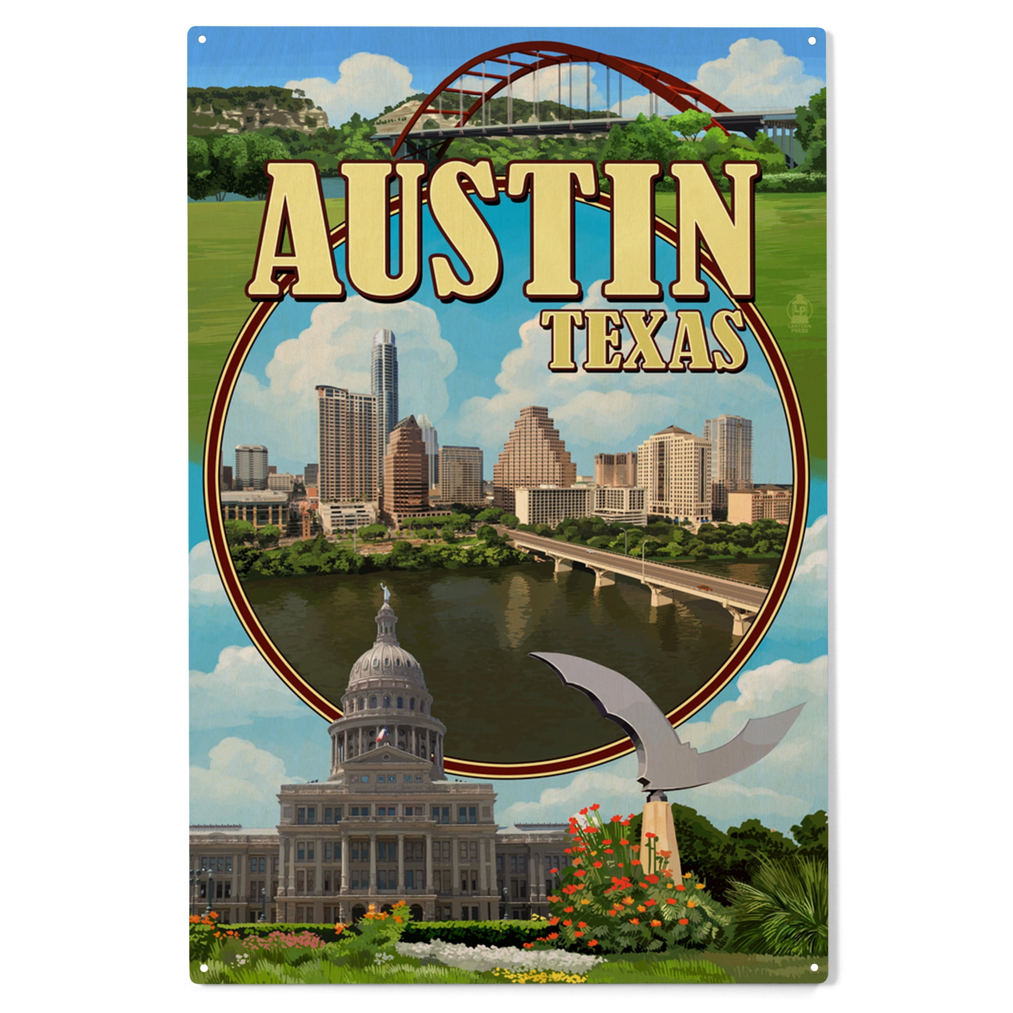 Austin, Texas, Montage Scenes Birch Wood Wall Sign (10x15 Rustic Home ...