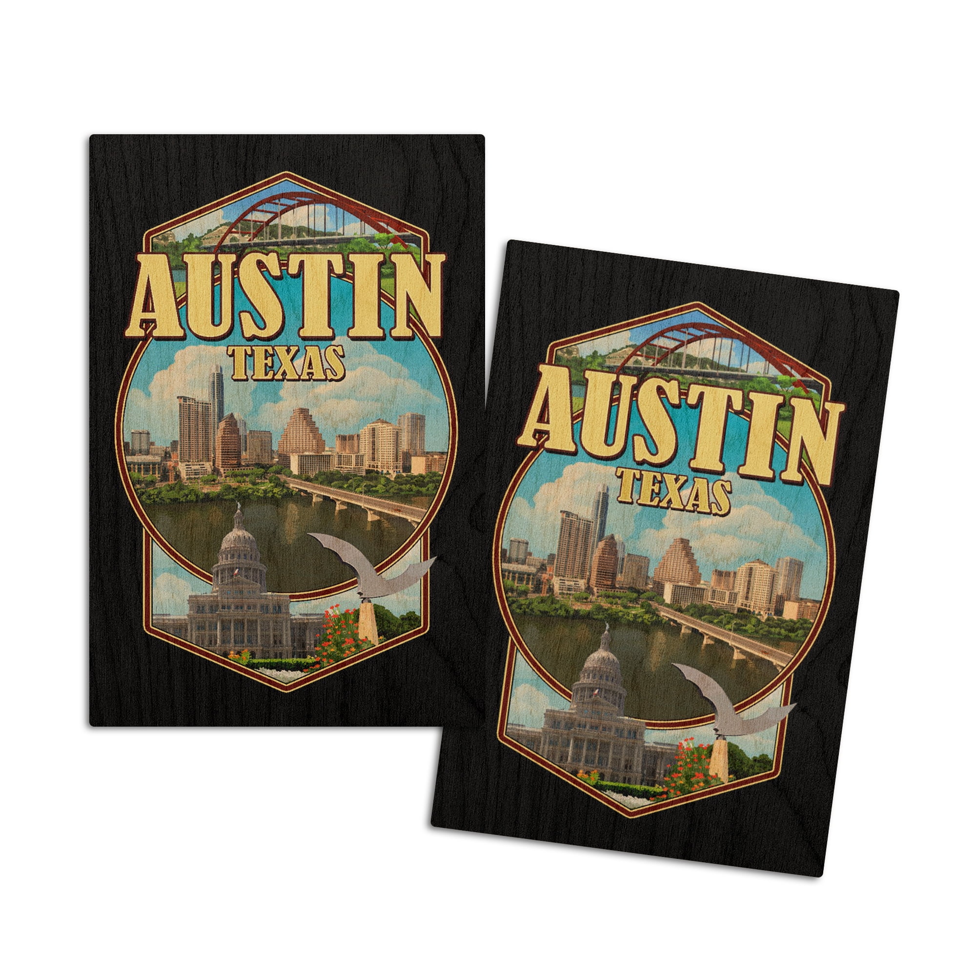 Austin, Texas, Montage Scenes, Contour (4x6 Birch Wood Postcards, 2 ...