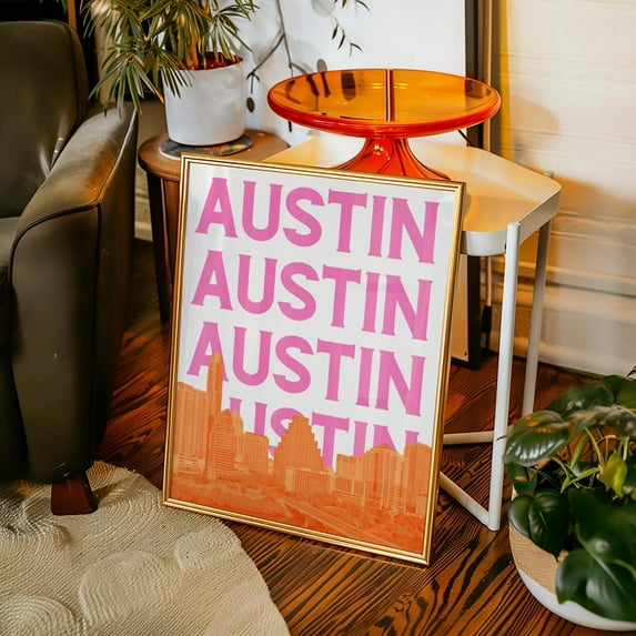 Austin Texas Print Austin Wall Art Pink And Orange Decor Retro City ...