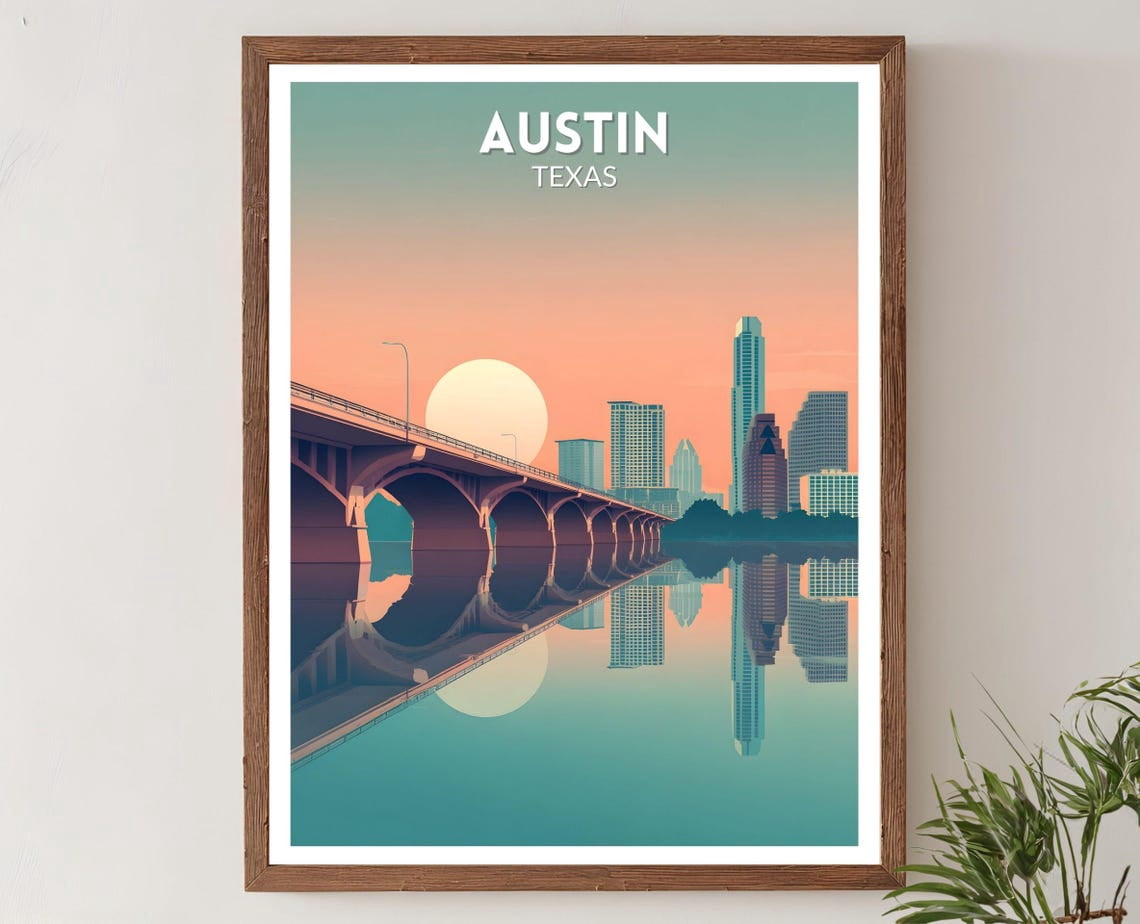 Austin Texas Retro Travel Mid Century Modern Wall Art Vintage Cityscape ...