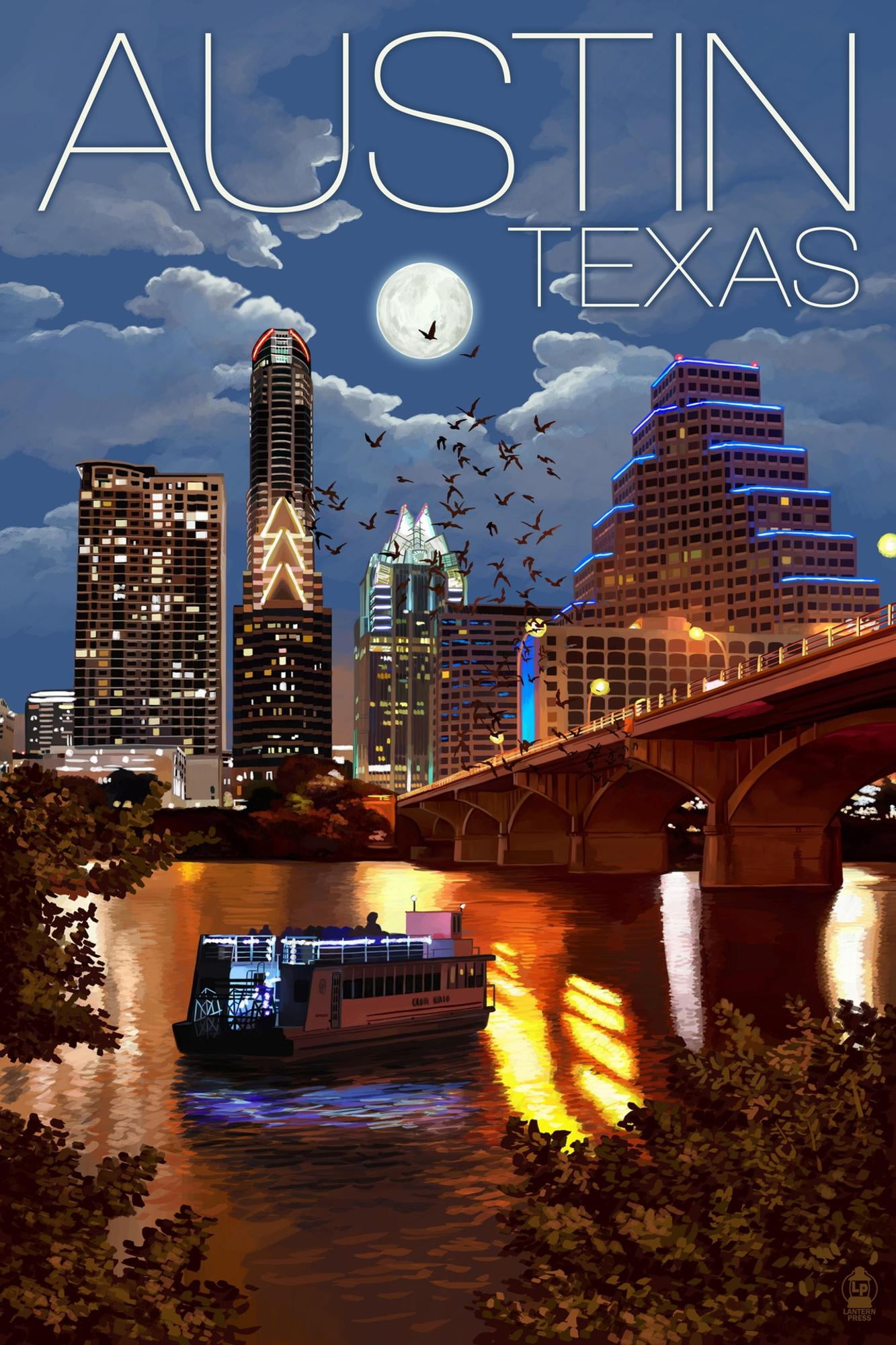 Art.com Austin, Texas - Skyline at Night Art Print by Lantern Press, 24 ...