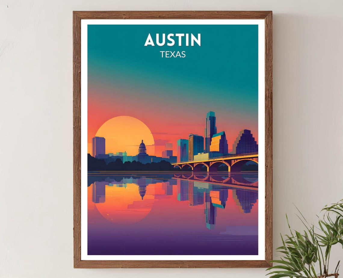 Austin Texas Vibrant Travel Retro Futuristic Skyline Wall Art Colorful ...