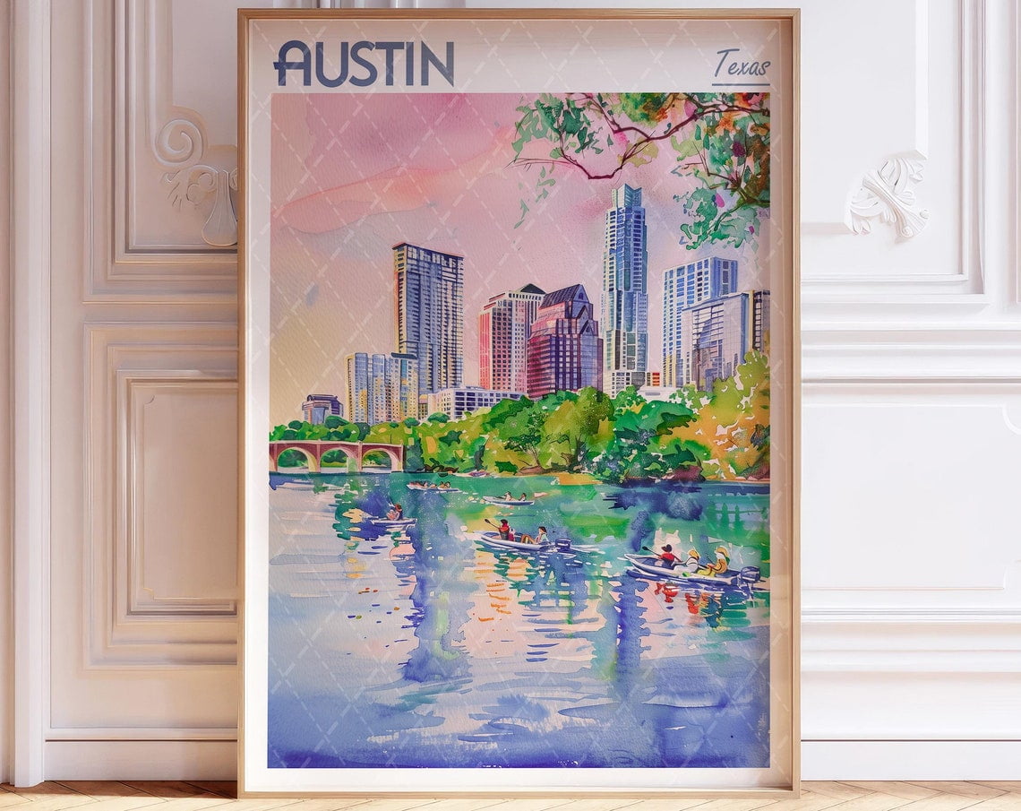 Austin Texas Watercolor Travel Poster, World Travel Art, Texas Wall Art ...