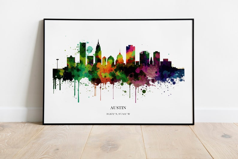 Austin Watercolour Skyline Print - Texas Wall Art for Cityscape Lovers ...