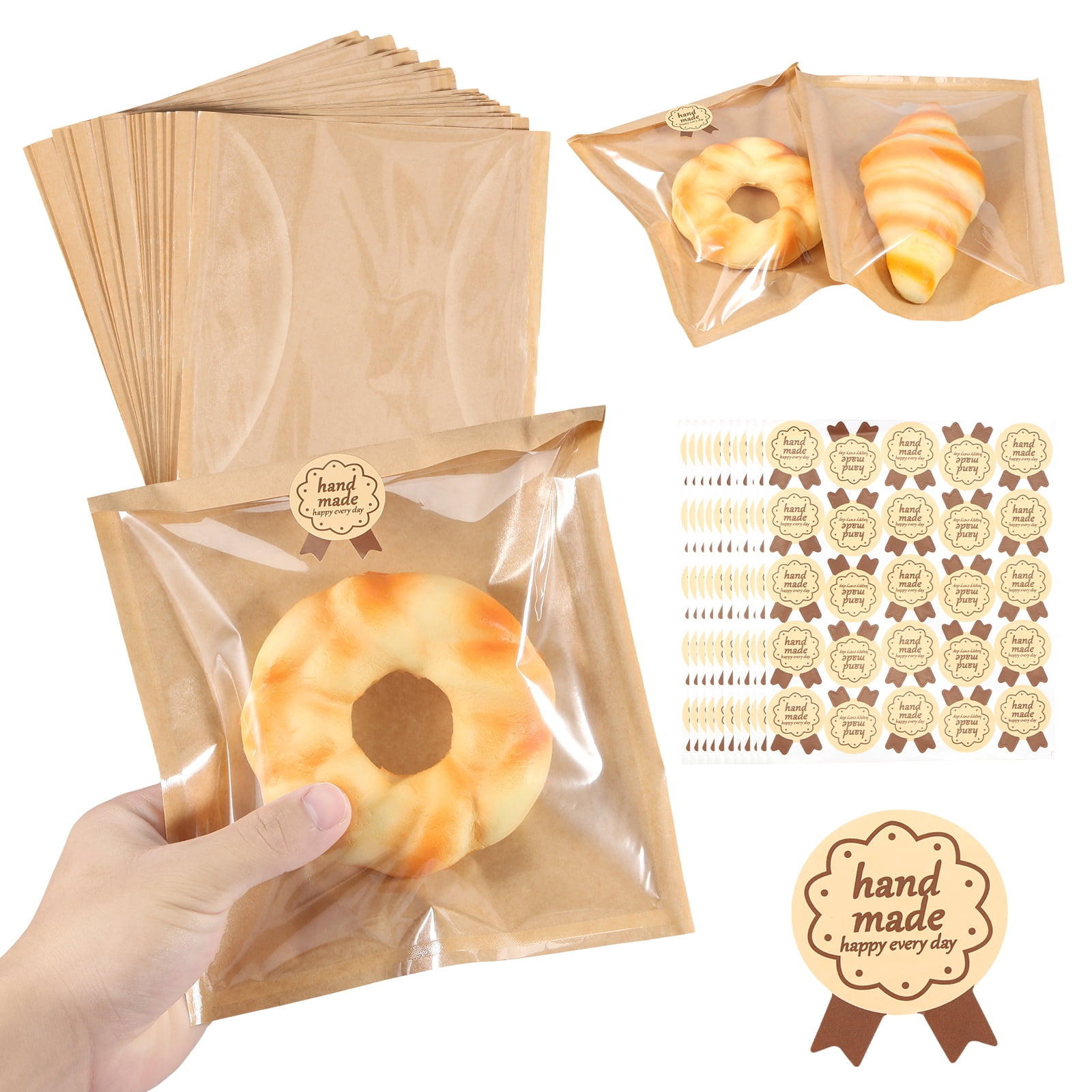 Austok 100 Pcs Paper Bakery Bag with 100 Stickers Heat Sealable Cookies ...