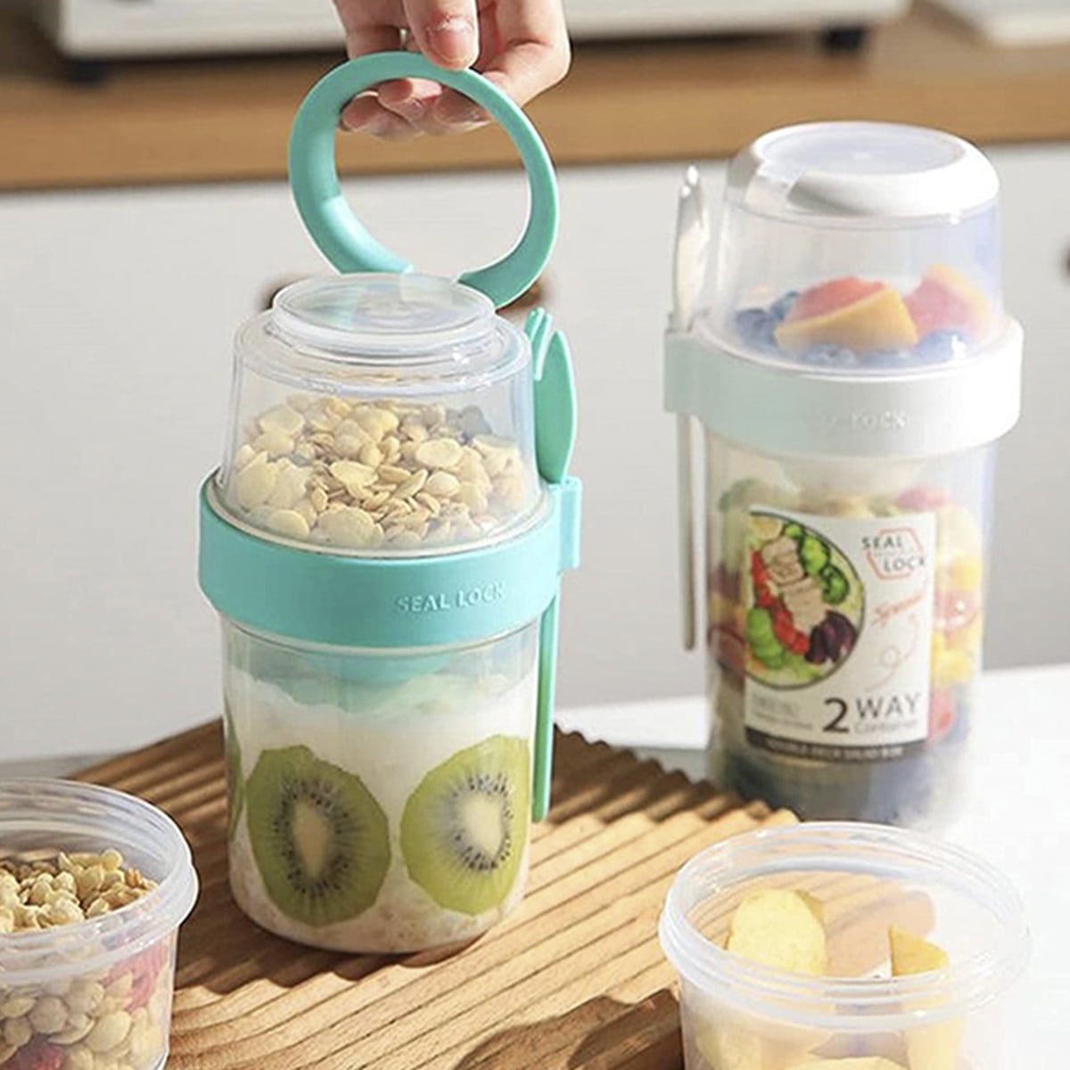 Austok 2PCS Overnight Oats Container 2-Tier Breakfast On the Go Cups ...