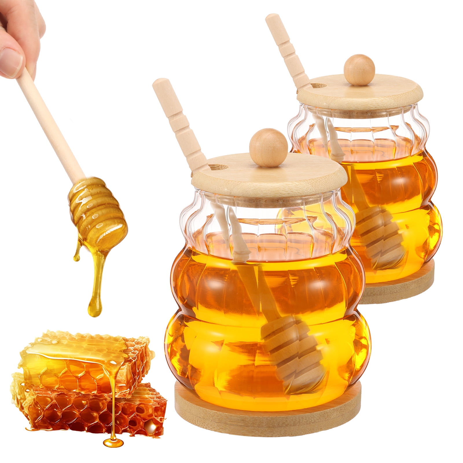 Austok 2Pcs Glass Honey Jar with Lid and Dipper Clear Honey Pot 15oz ...