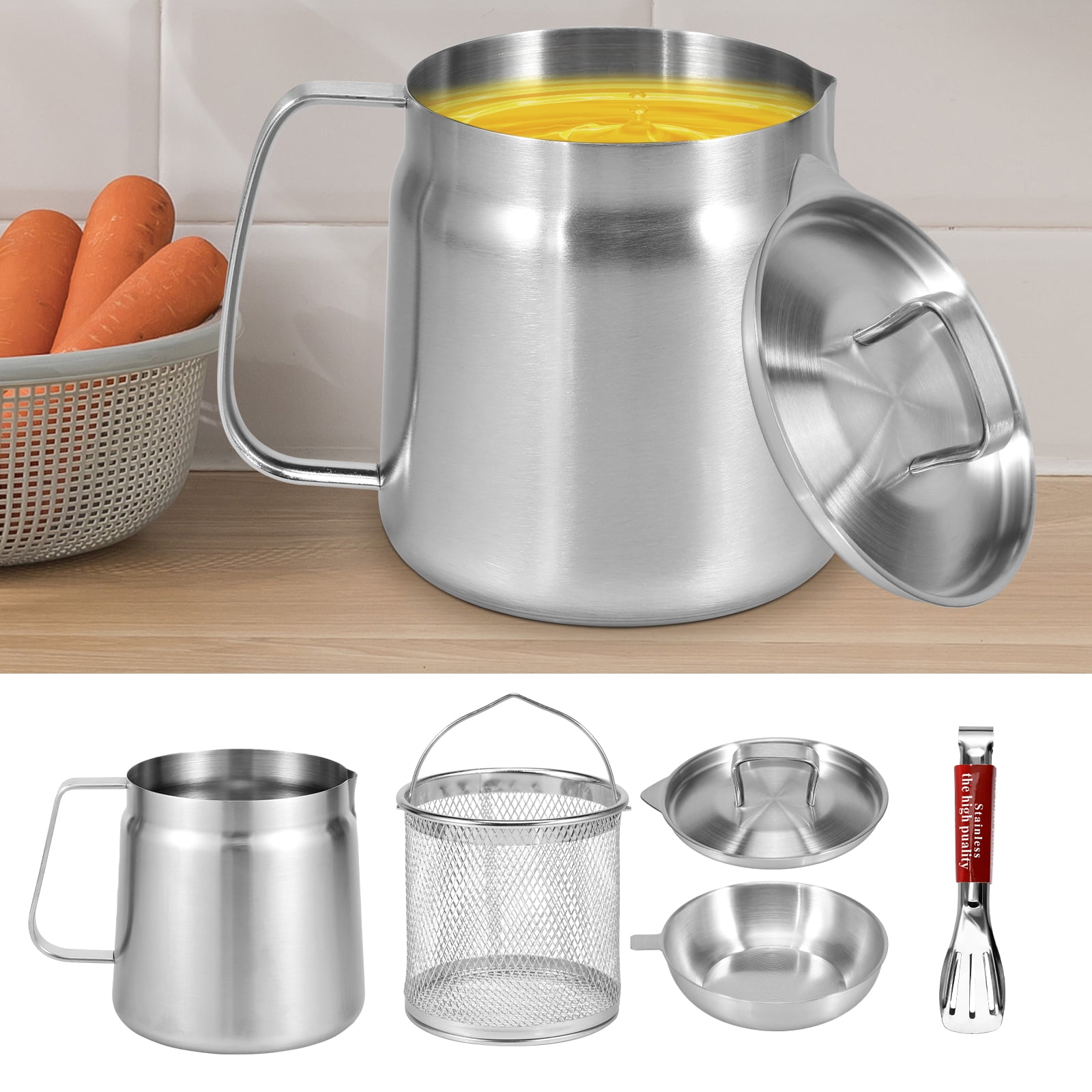 Austok 304 Stainless Steel Oil Filter Pot with Strainer 2L Oil Strainer ...