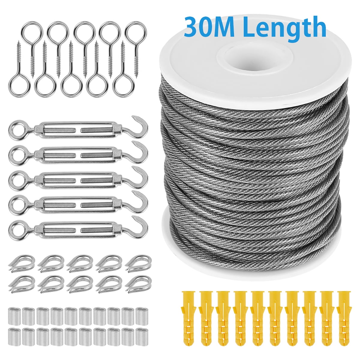 Austok 30m x 2mm Wire Rope Cable Wire Rope with Cable Hooks Stainless ...