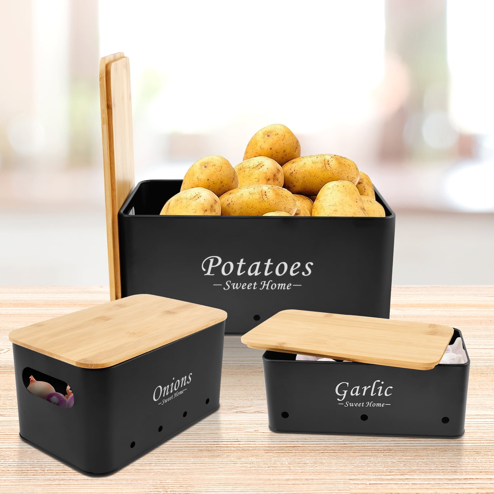 Austok 3Pcs Onion Garlic Potato Storage Box Set Carbon Steel Potato ...