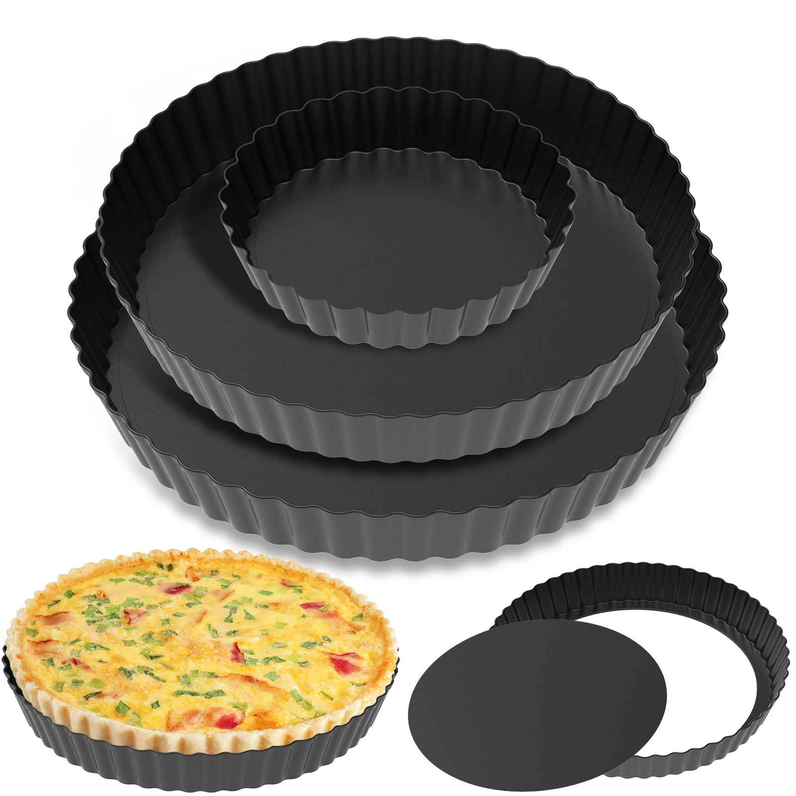 Austok 3Pcs Tart Pans Non-Stick Quiche Pan with Removable Bottom Round ...