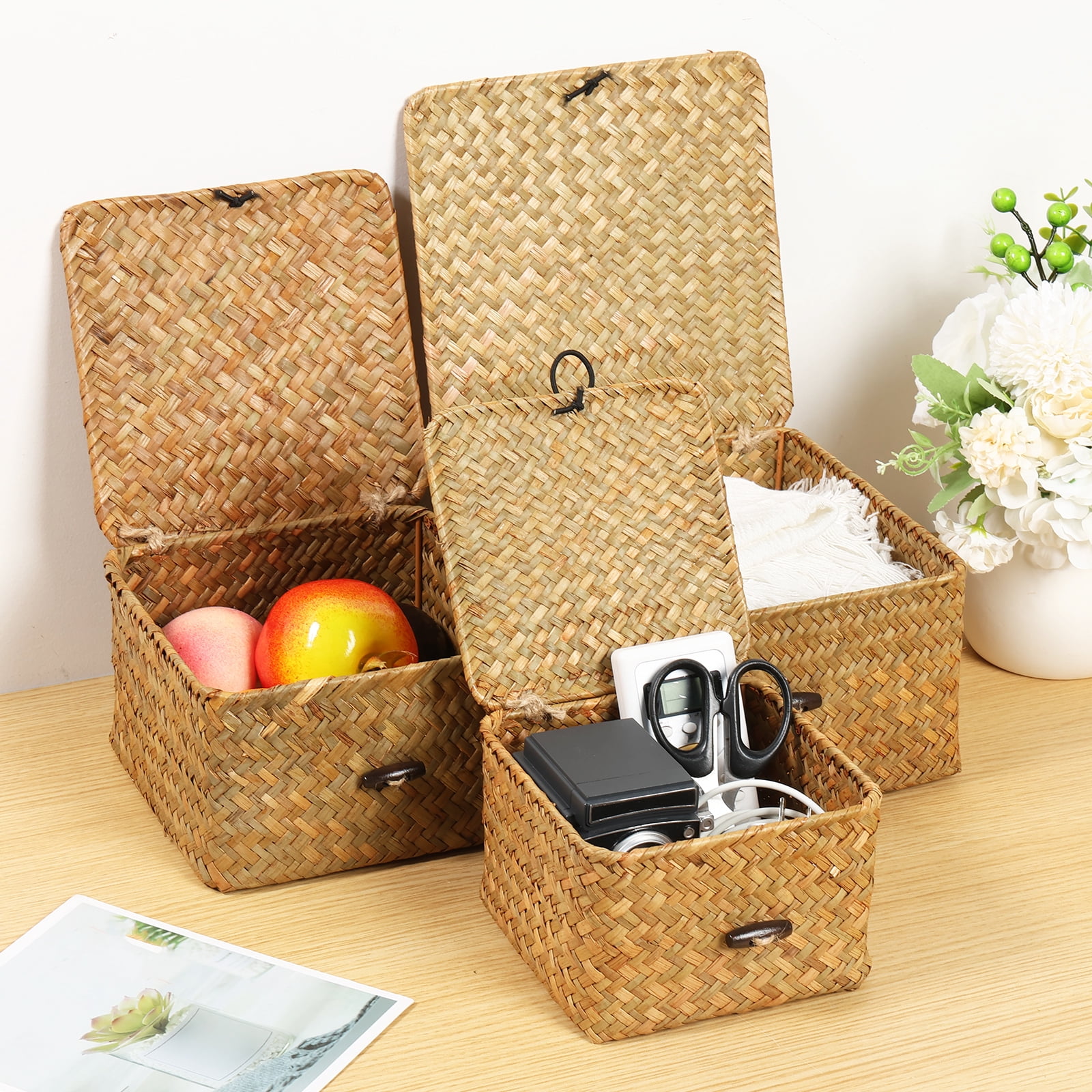 Austok 3Pcs Wicker Storage Baskets with Lids Seagrass Woven Baskets for ...