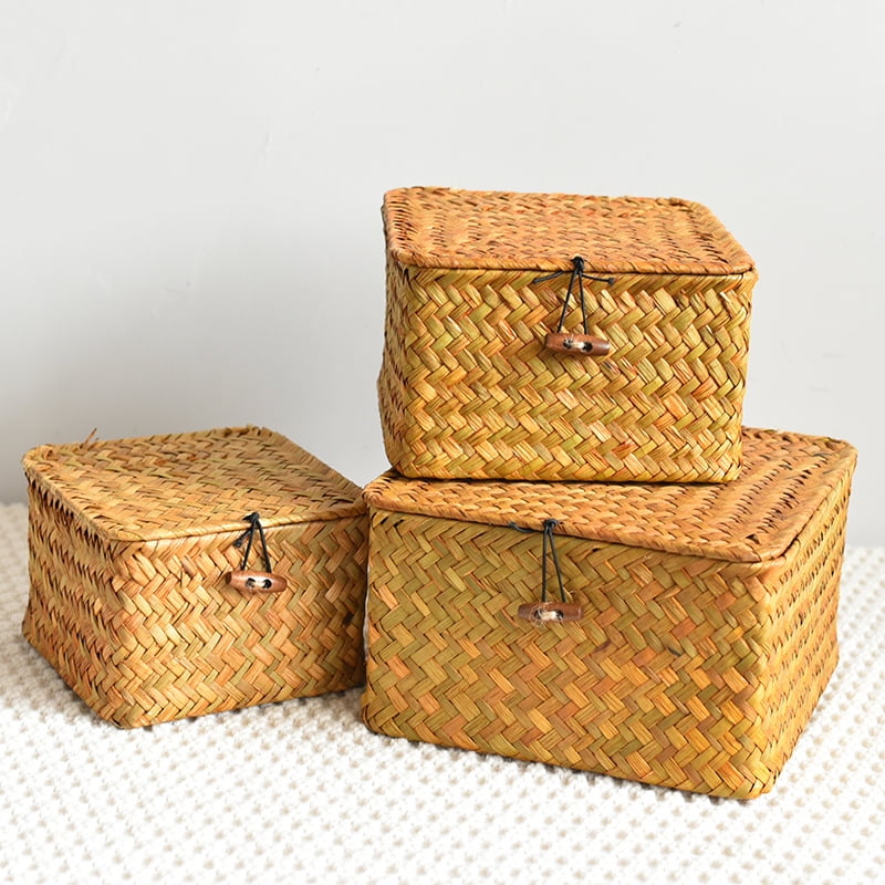 Austok 3Pcs Woven Storage Basket with Lid Processed Hay Handmade Shelf ...