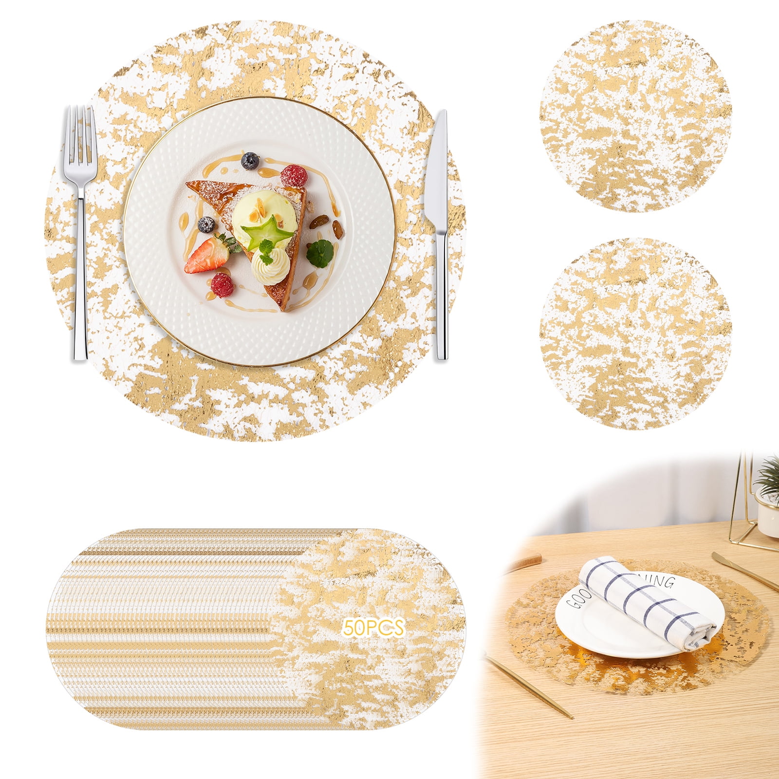 Austok 50Pcs Gold Foil Placemat 13" Round Single Use Metallic Gold Foil ...