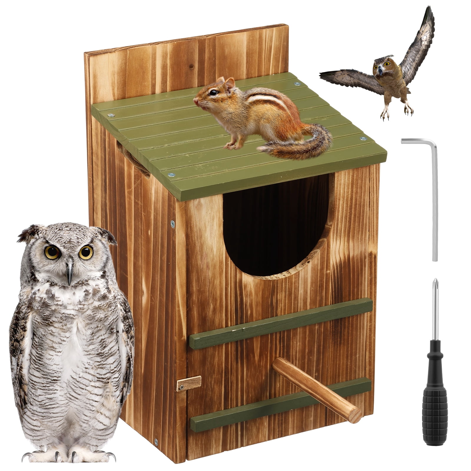 Austok Carbonized Cedar Owl House 9.02x7.48x14.57 Inch Weather ...