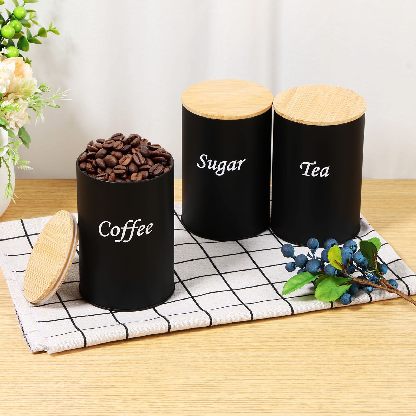 Austok Coffee Tea Sugar Container Set - Black Iron Kitchen Canister Set ...