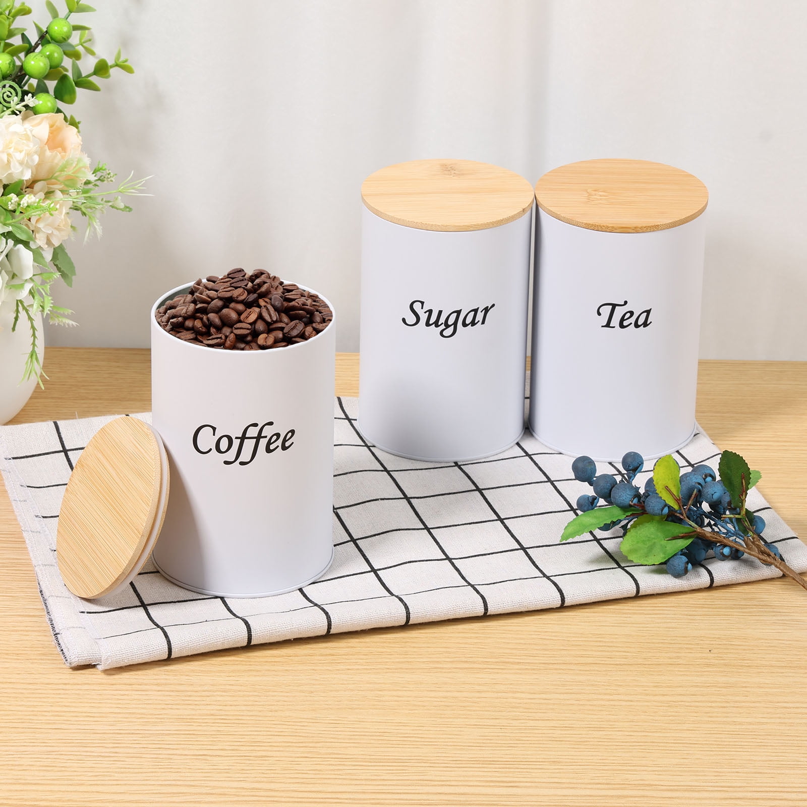 Austok Coffee Tea Sugar Container Set - White Iron Kitchen Canister Set ...