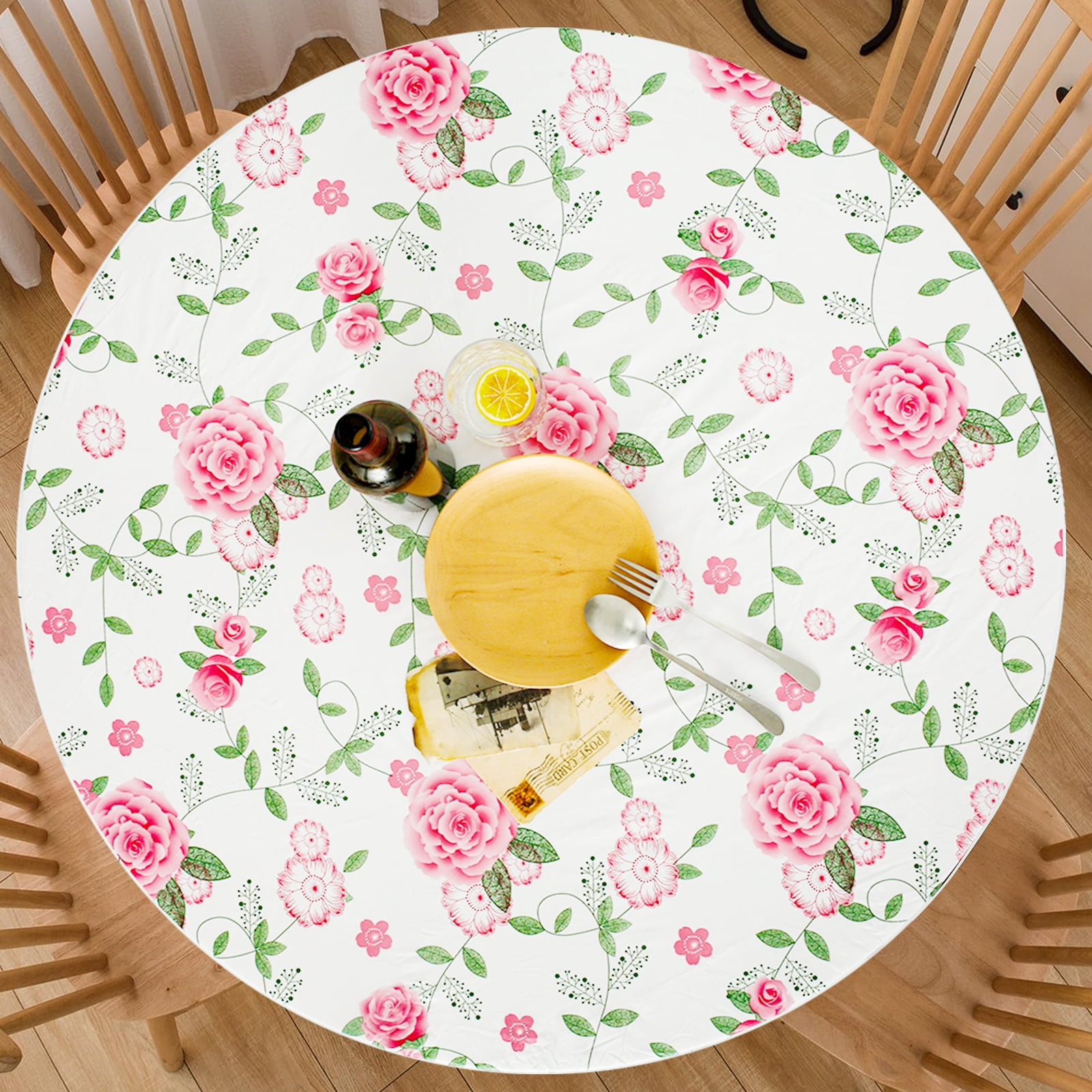 Xiyztok Fitted Vinyl Tablecloth Round 36"-44" Diameter, Flannel Backing ...