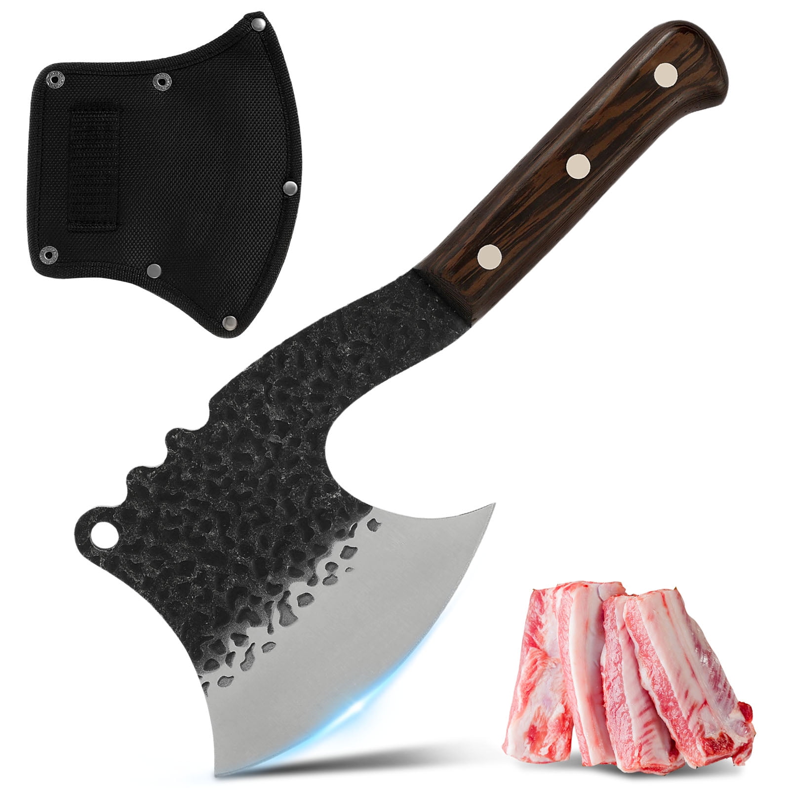 Austok Meat Bone Cleaver Knife with Sheath and Wood Handle Hand Forged ...