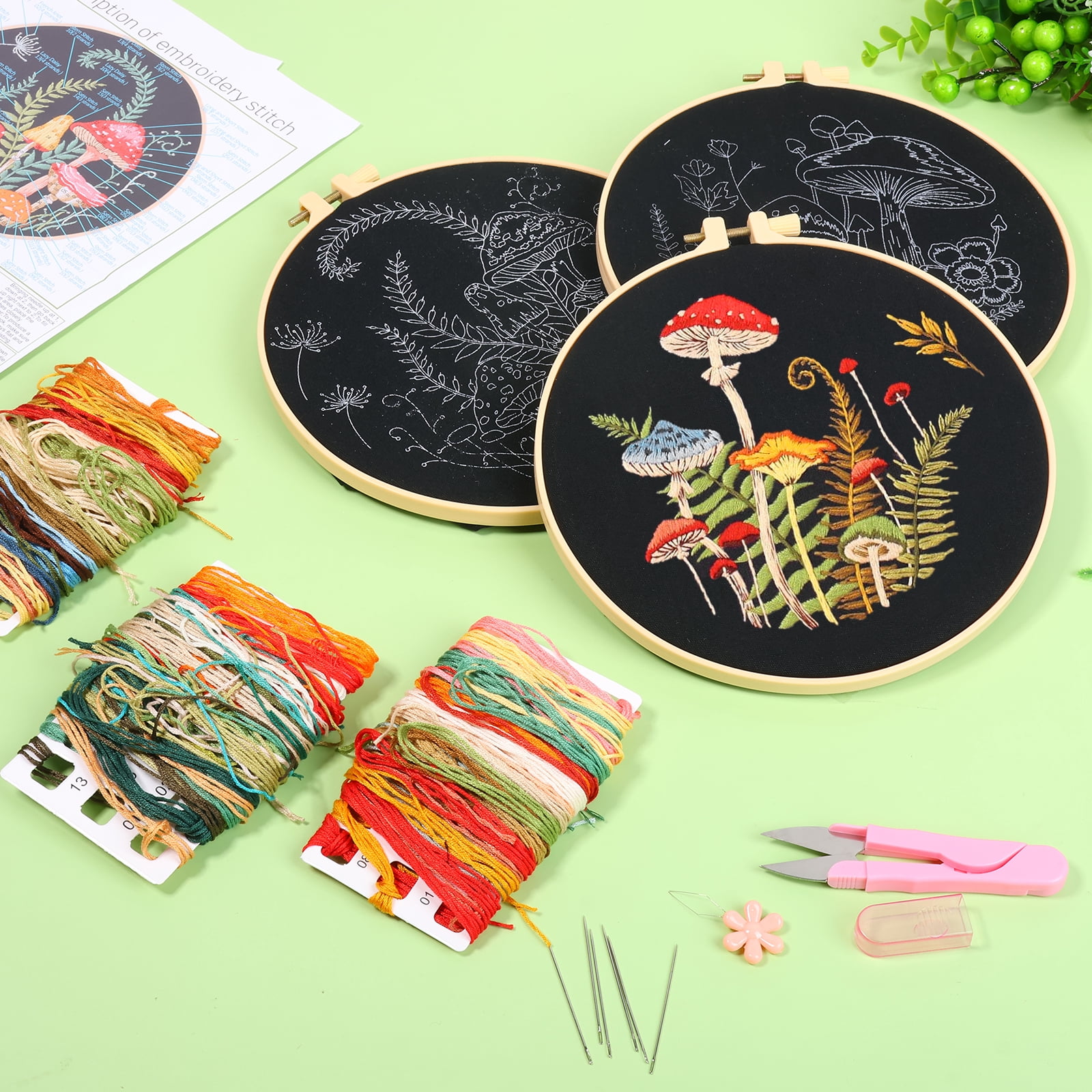 Austok Mushroom Embroidery Kit 3 Cloth and Hoop Embroidery Kit with ...