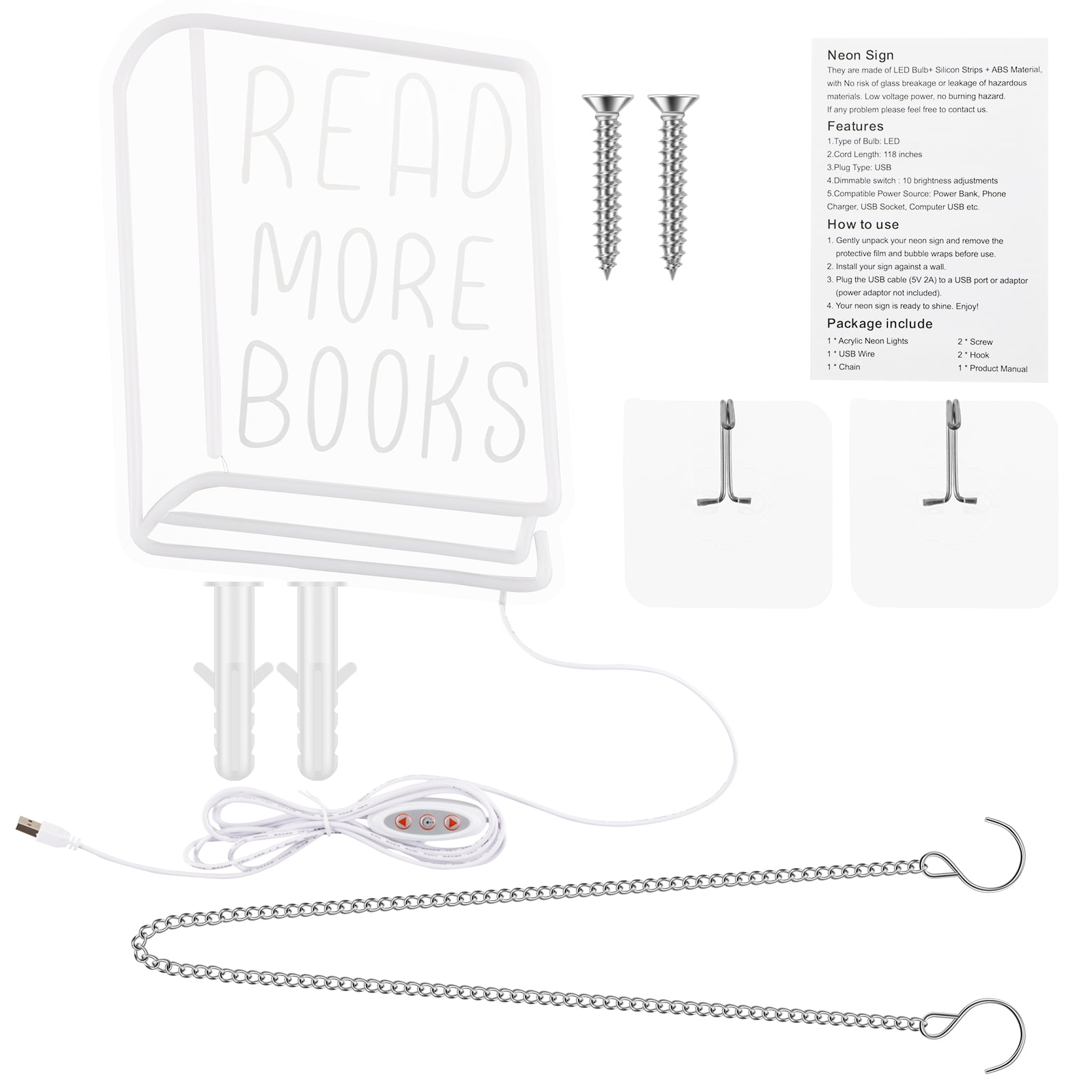 Austok Read More Books Neon Sign Unique Classroom Neon Sign Dimmable ...