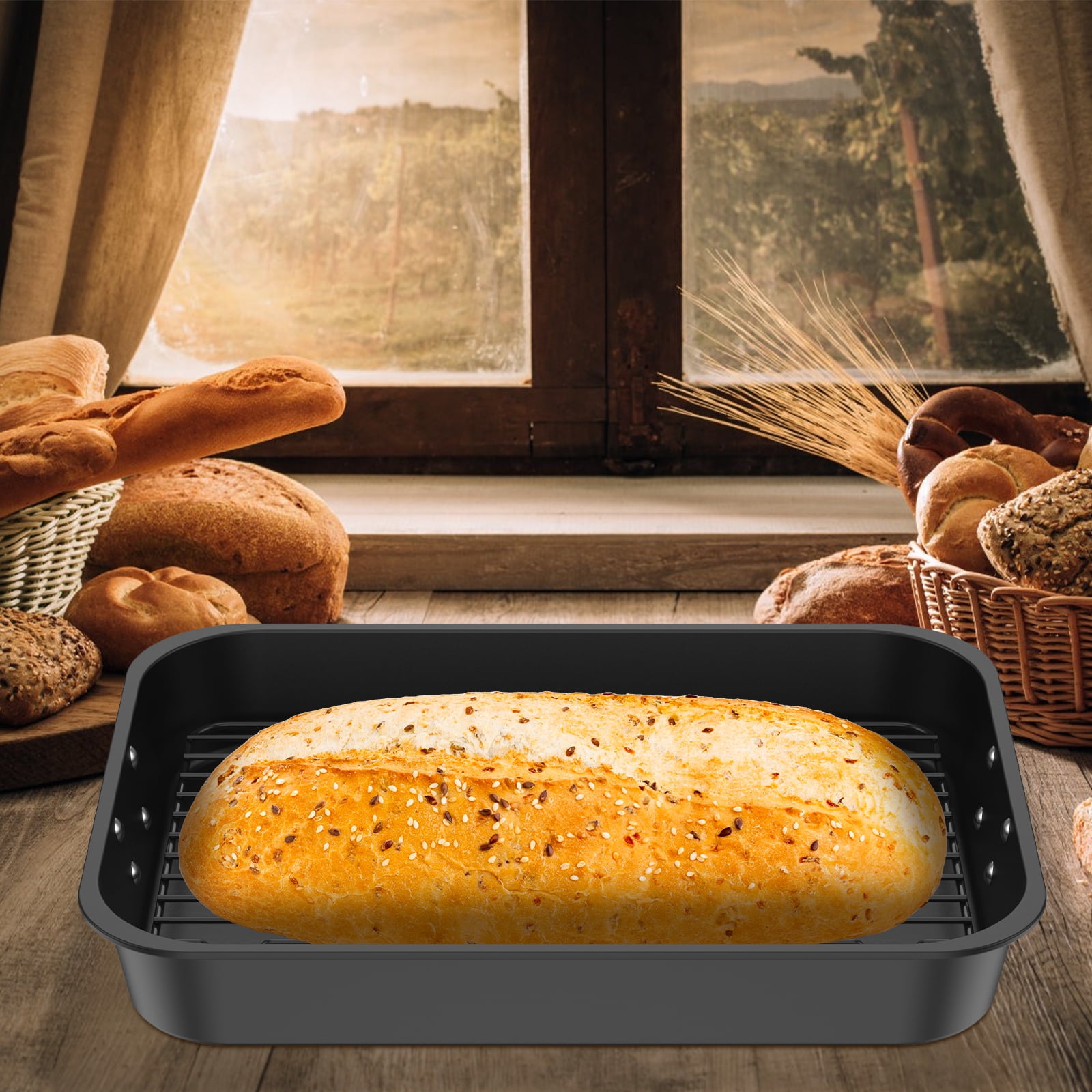 Austok Versatile Roasting Pan, 13-Inch Non-Stick Turkey Roaster Lasagna Pan with Rack ...