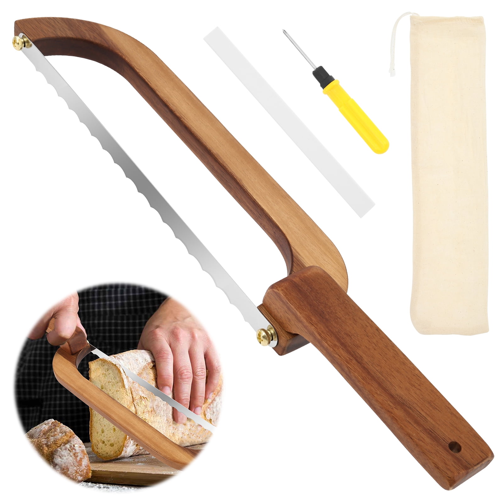 Austok Wooden Bread Bow Knife Manual Bread Cutter Slicer with Comfort ...