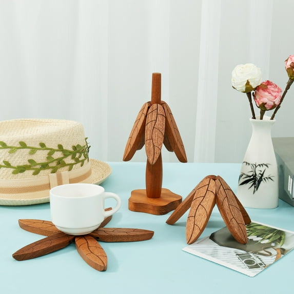 Austok Wooden Trivet Set Sapele Wood Tree Shape Trivet with Stand ...