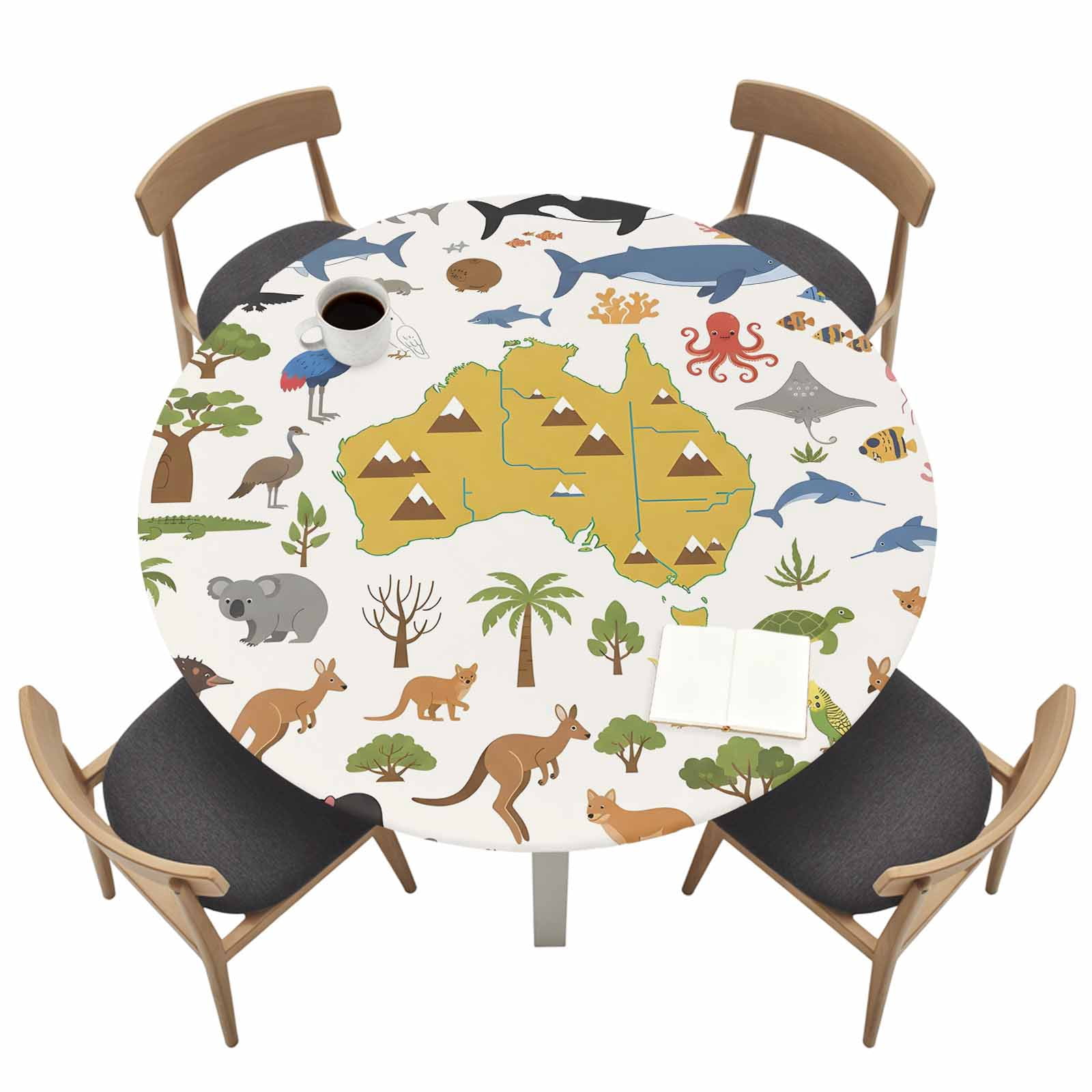 Australia Map Section Round Fitted Tablecloth Cartoon Marine Life Cute ...