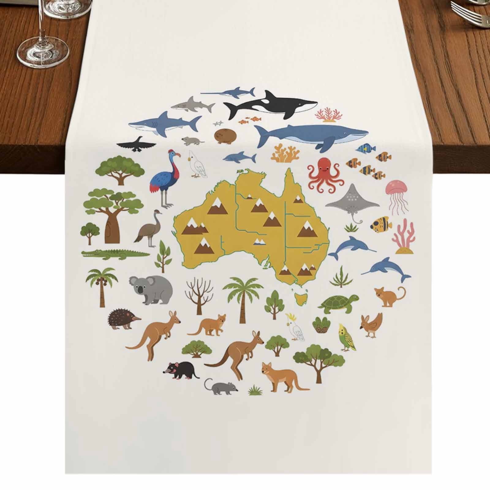 Australia Map Section Table Runner 72 Inches Long, Cartoon Marine Life ...