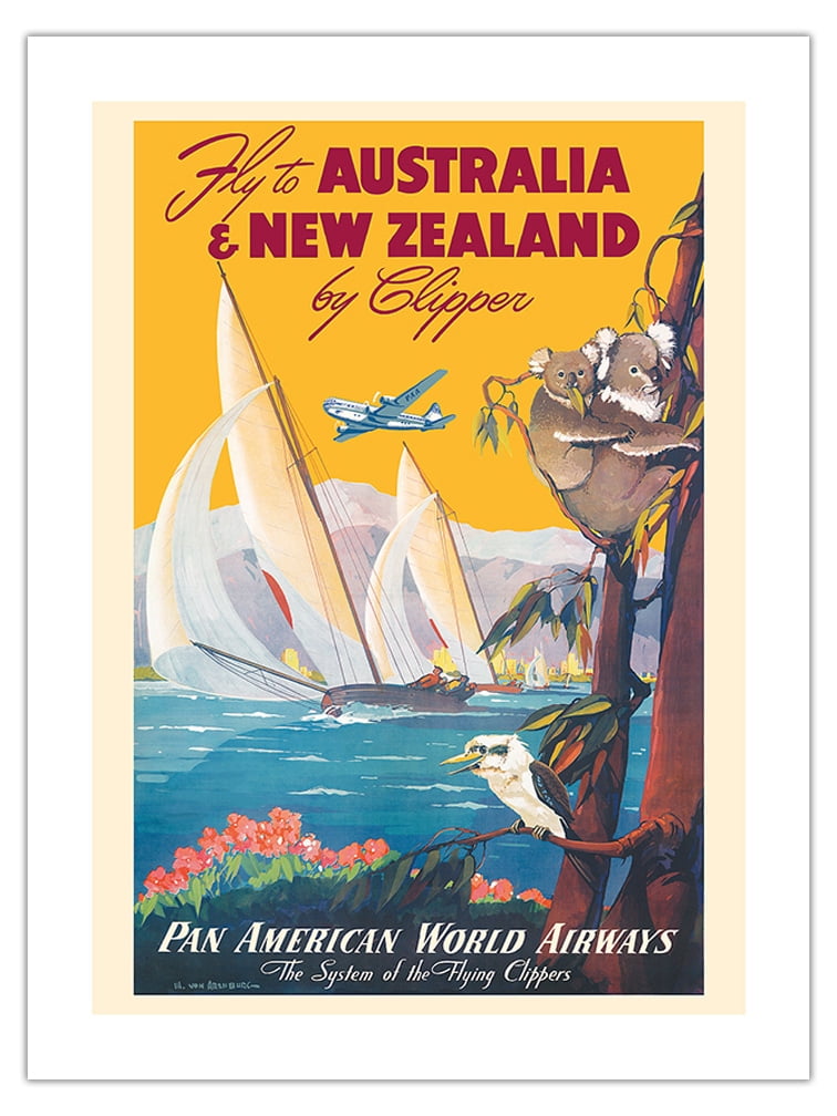 Australia & New Zealand by Clipper - Pan American World Airways - Vintage Airline Travel Poster ...