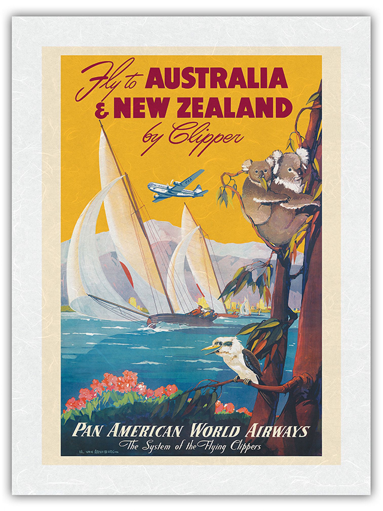Australia & New Zealand by Clipper - Pan American World Airways - Vintage Airline Travel Poster ...