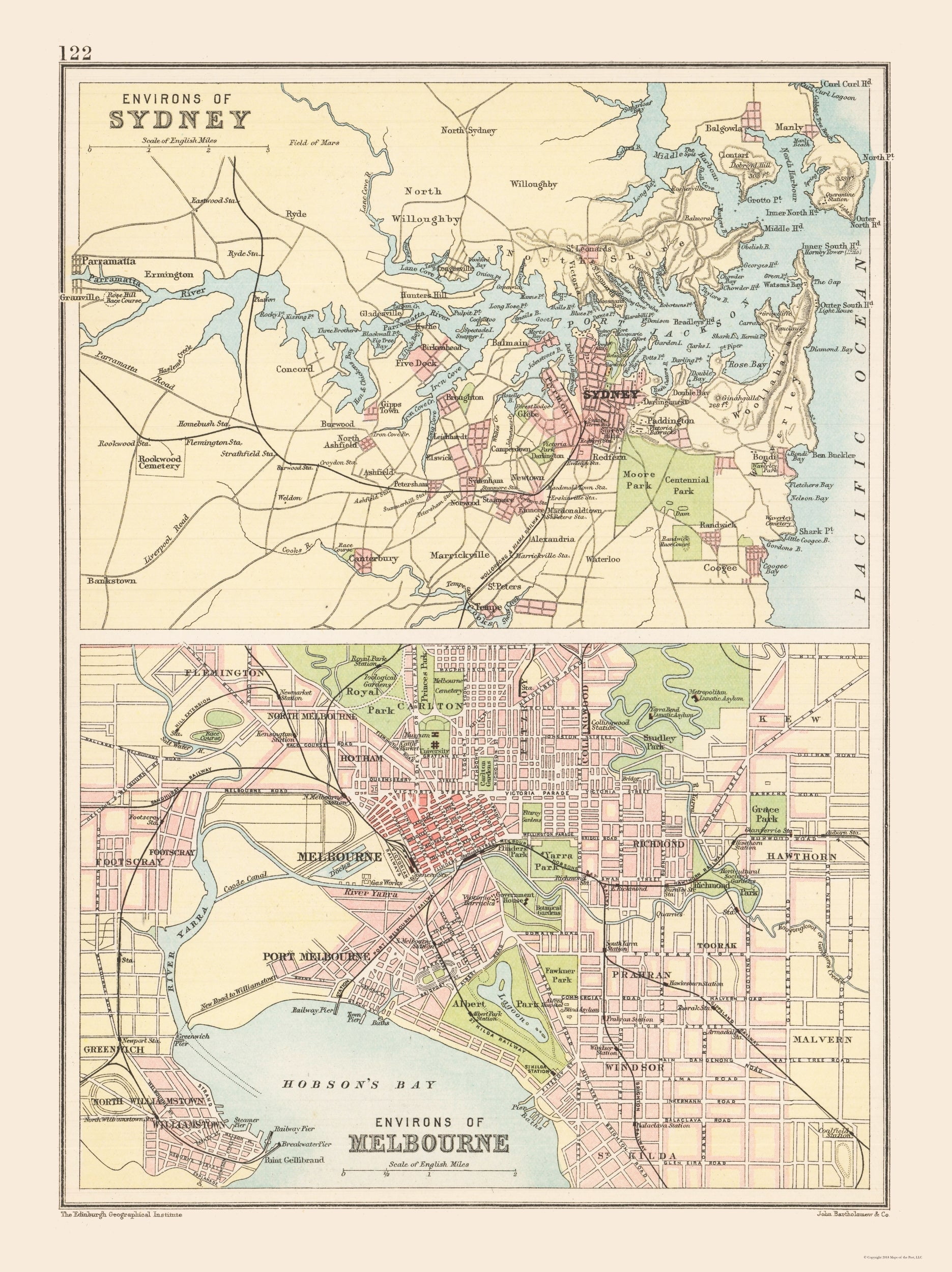 Historic Map - Australia Sydney Melbourne - Bartholomew 1892 - 23 x 30. ...