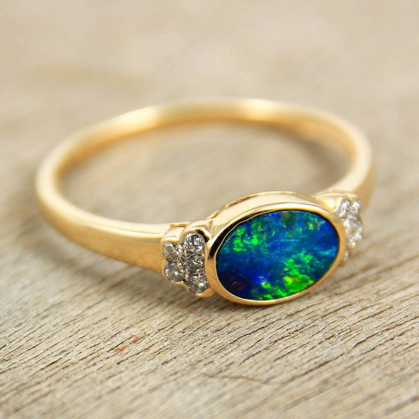 Australian Black Opal Diamond Halo Engagement Ring 14K Gold Plated Oval ...