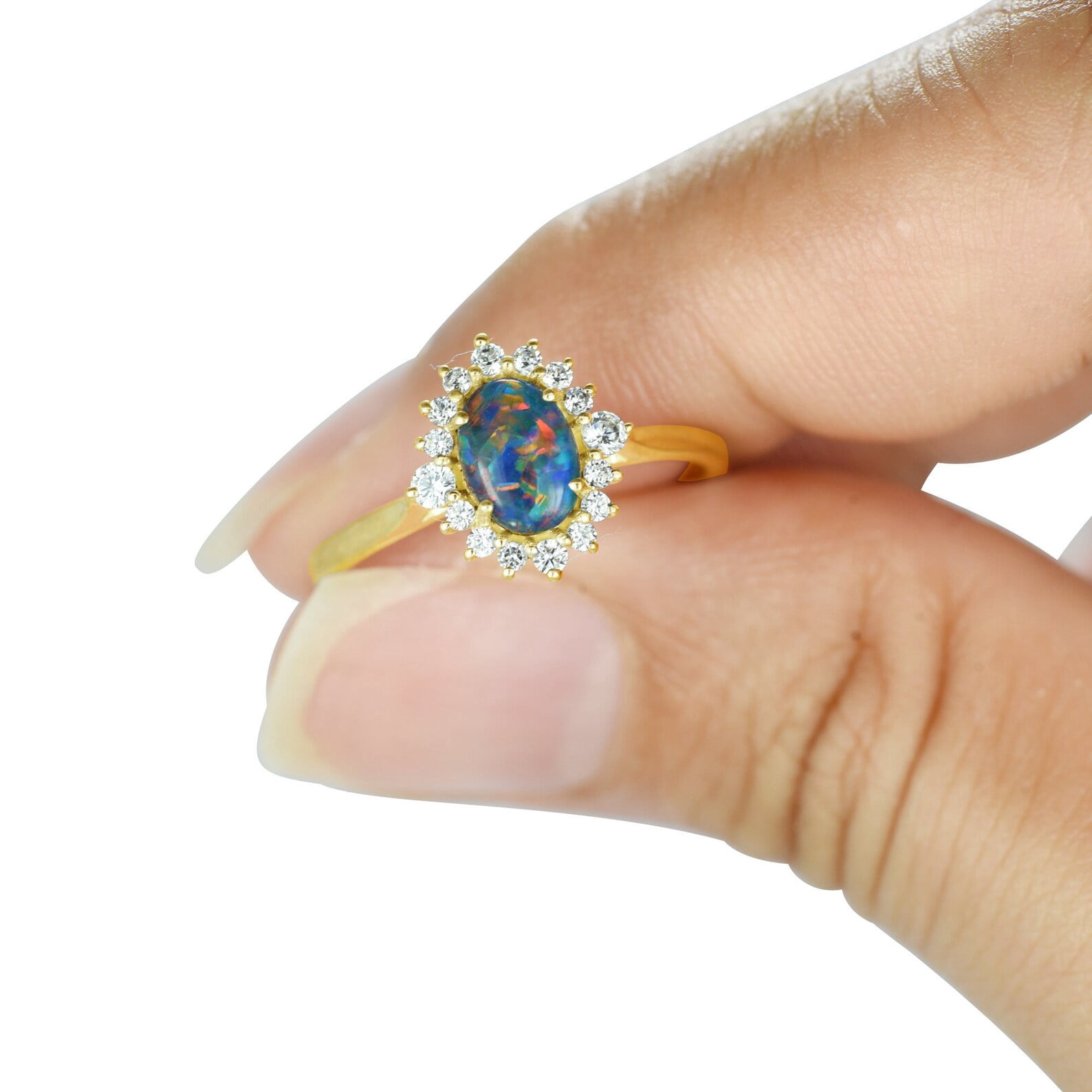 Australian Black Opal Engagement Ring – Diamond Halo Opal Ring, 18K ...