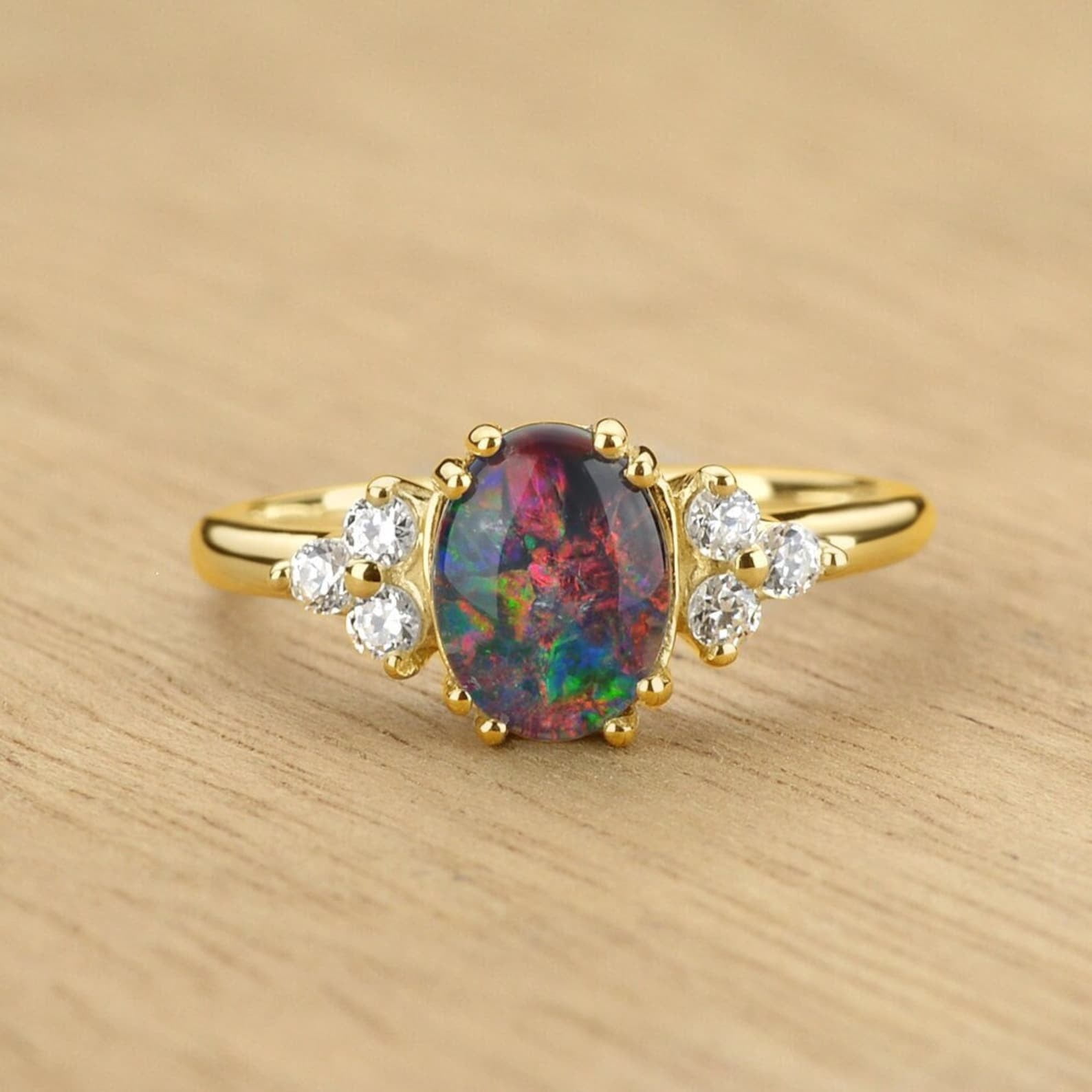 Australian Black Opal Ring – 14K Gold Plated Engagement Ring with 0 ...